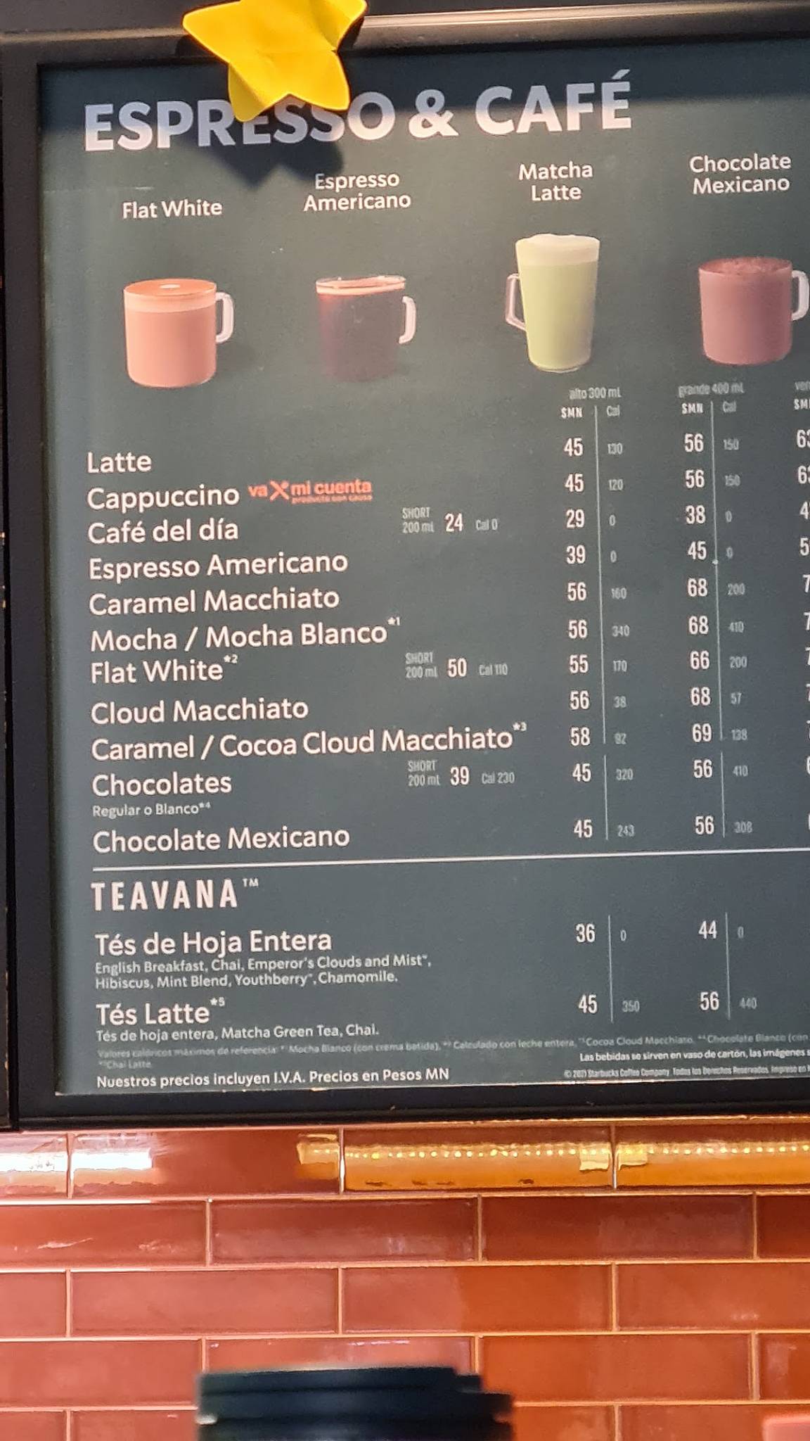 Carta del café Starbucks Narvarte DT, Ciudad del México, C. Palenque 202