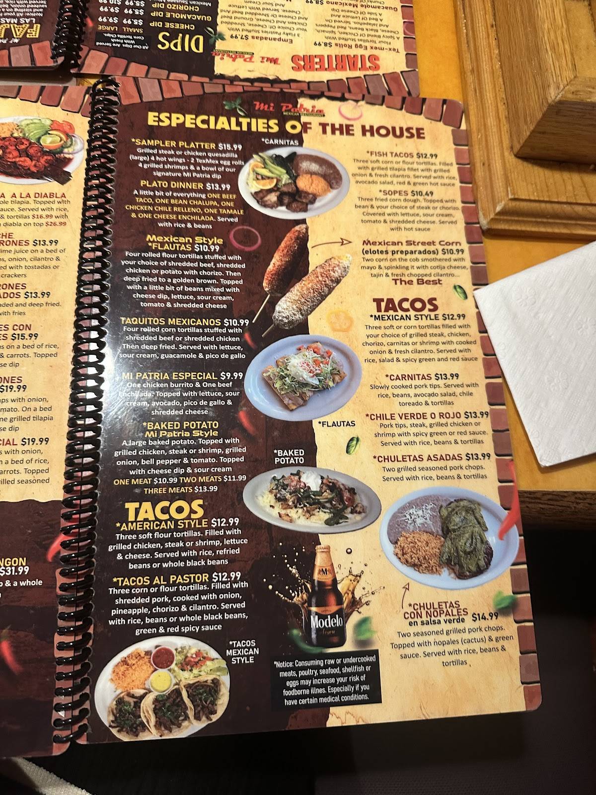 Menu at Mi Patria Mexican Restaurant, Murfreesboro
