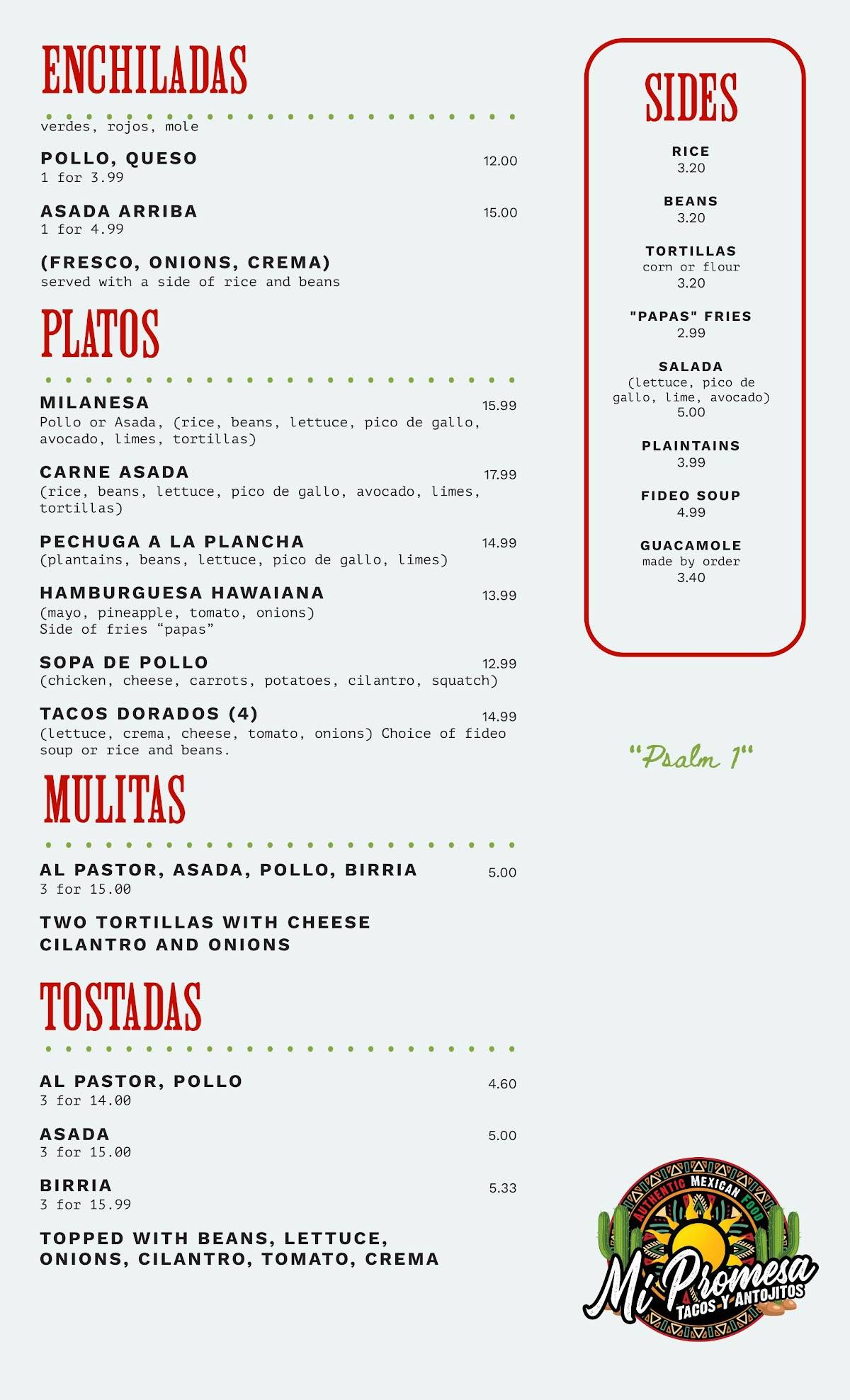 Menu at Mi Promesa Authentic Mexican Food, Sumter