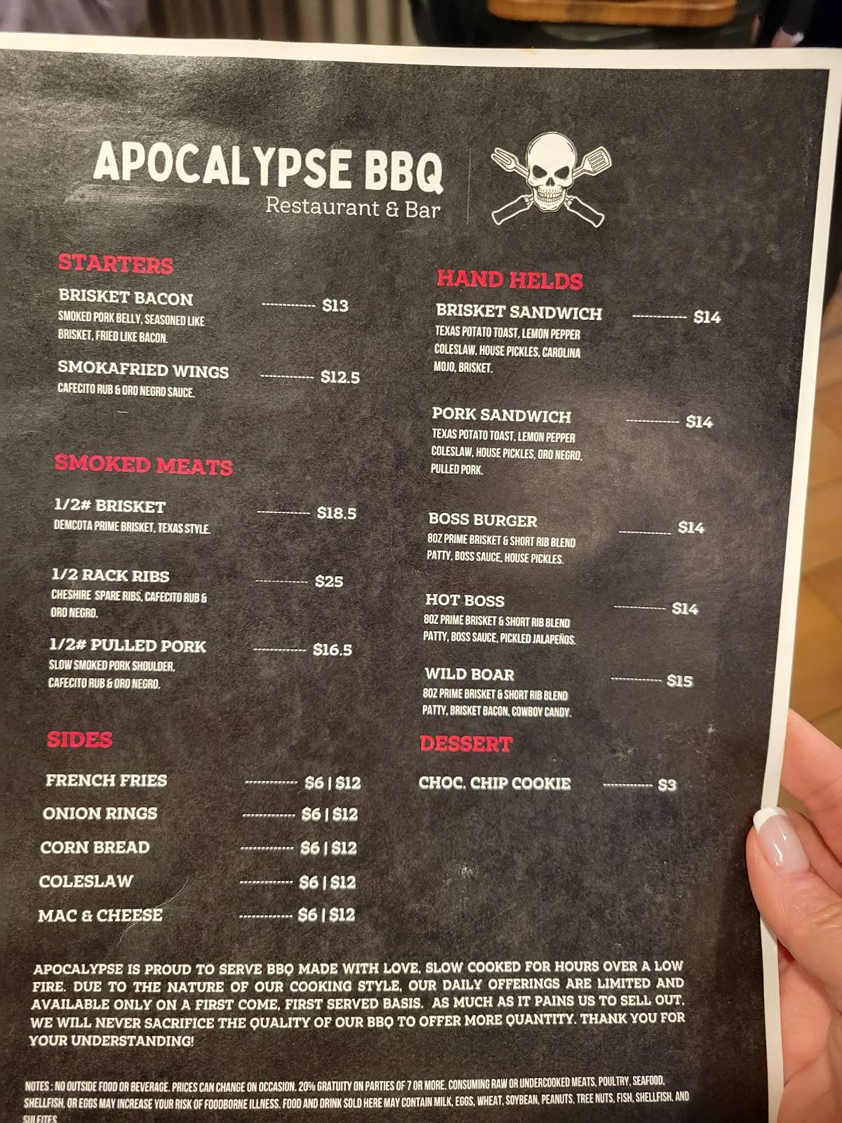 Menu at Apocalypse BBQ, Miami, SW 104th St