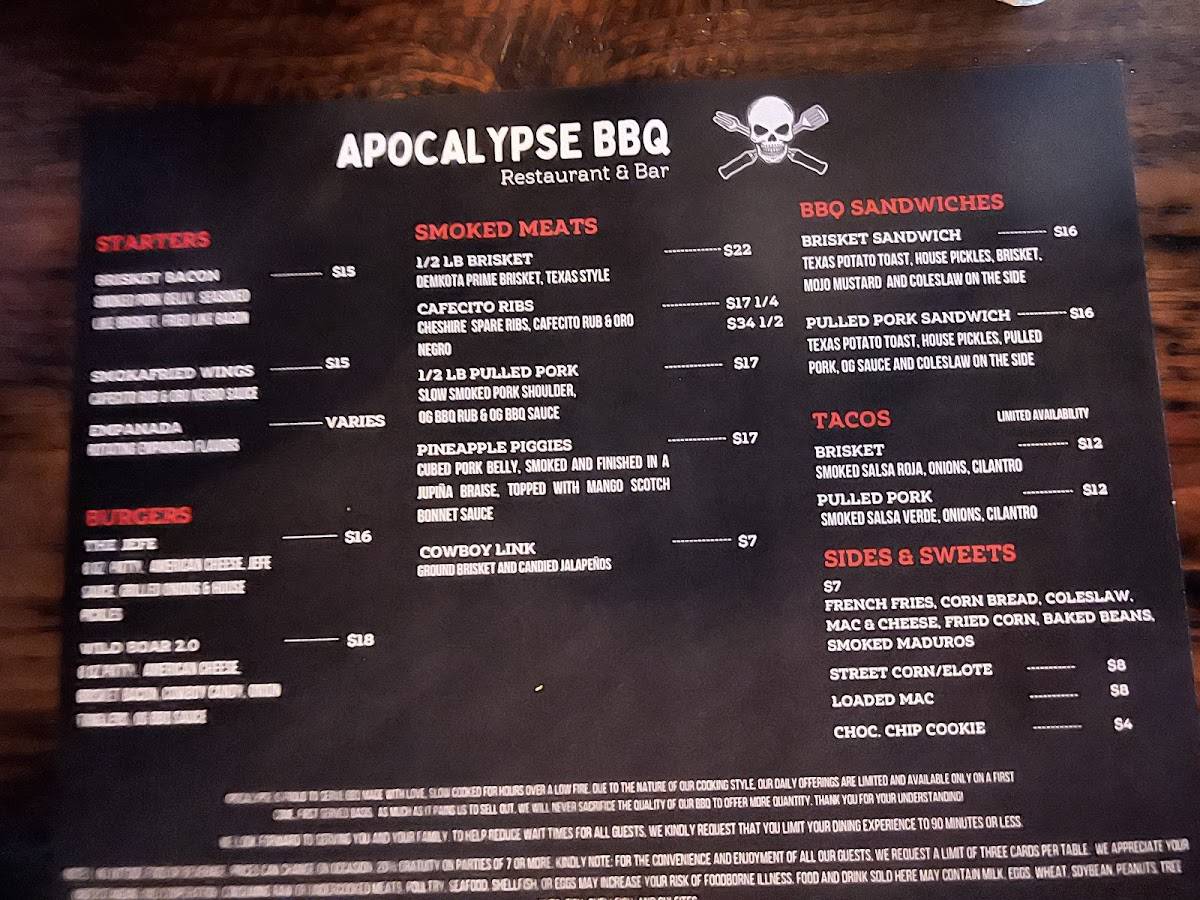 Menu at Apocalypse BBQ, Miami, SW 104th St