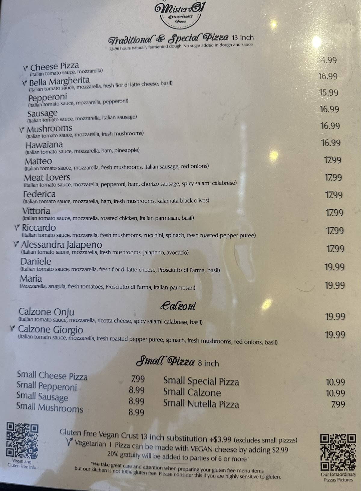 Menu at Mister O1 Extraordinary Pizza pizzeria, Miami, Grand Ave Suite 165