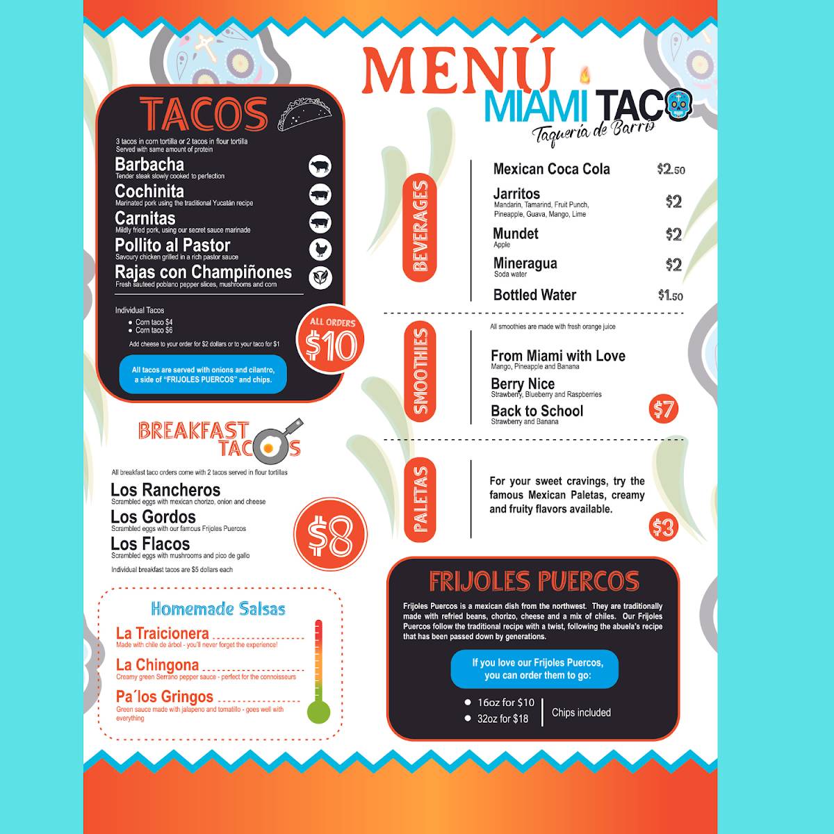 Menu at Miami Taco restaurant, Miami
