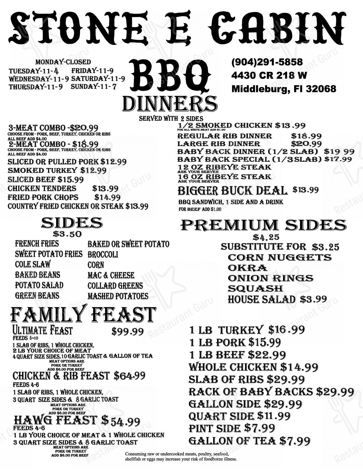 Menu at Stone E Cabin BBQ, Middleburg