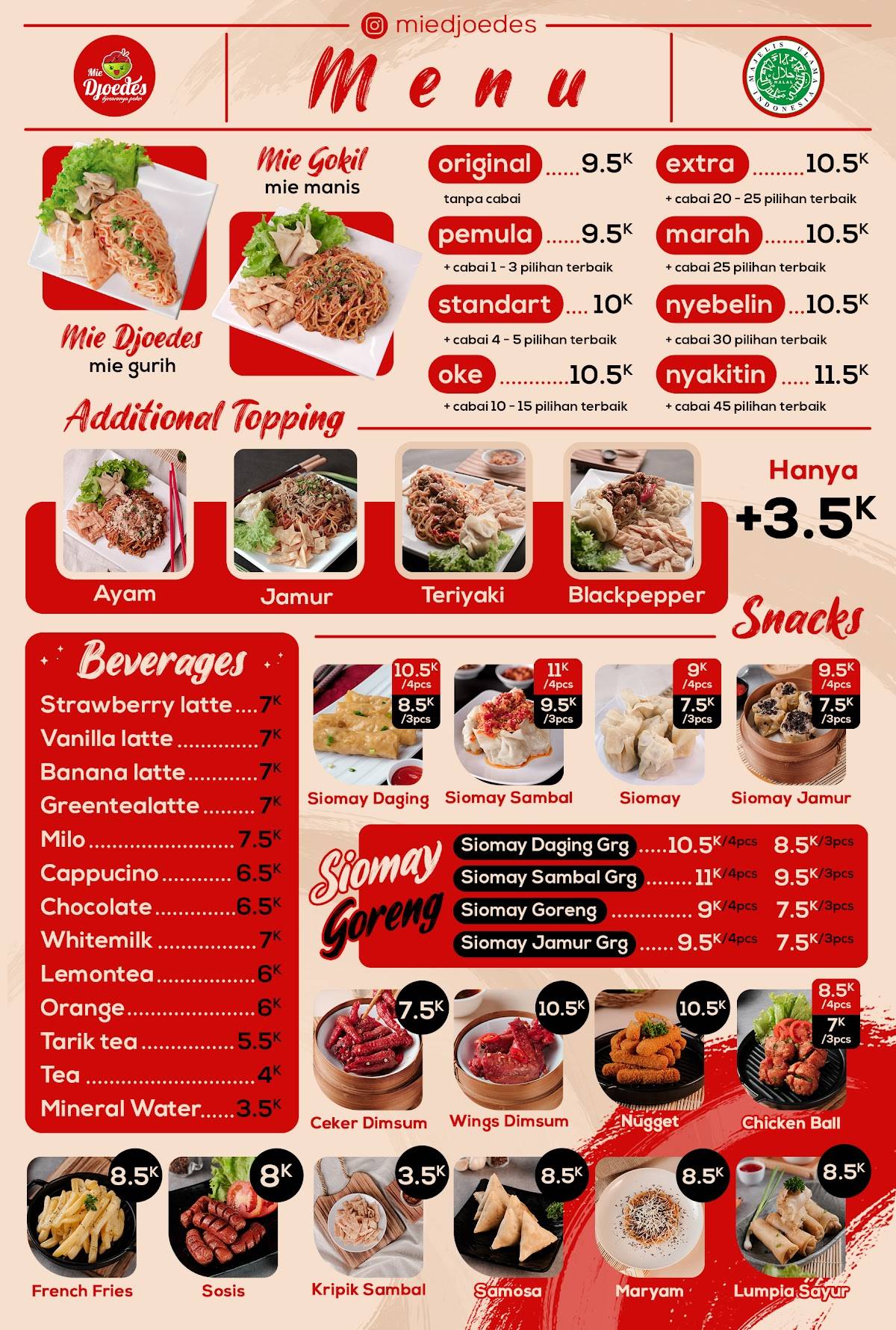 Menu at Mie Djoetek Simpang Lima Gumul restaurant, Indonesia