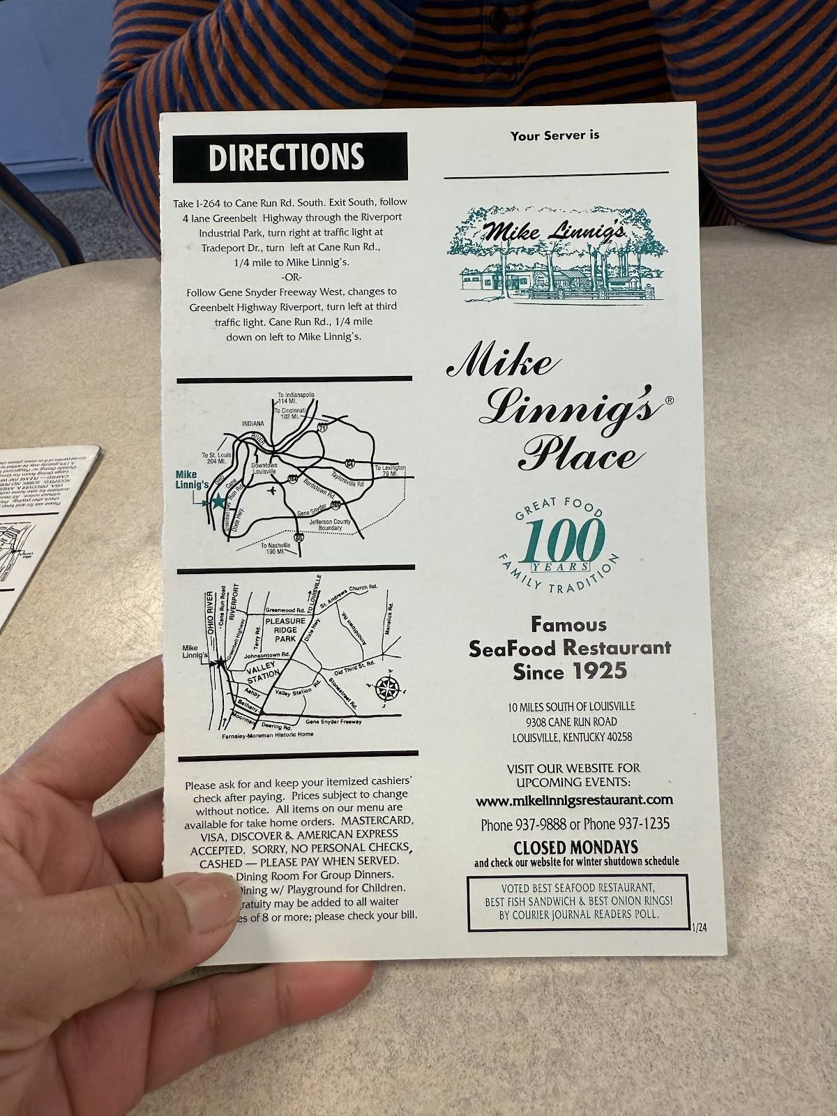 Menu at Mike Linnig's restaurant, Louisville, Cane Run Rd