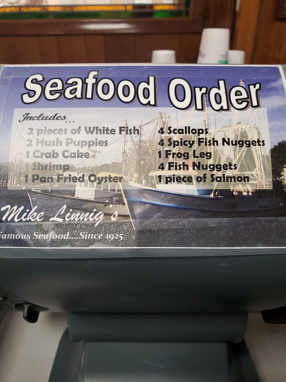Menu at Mike Linnig's restaurant, Louisville, Cane Run Rd