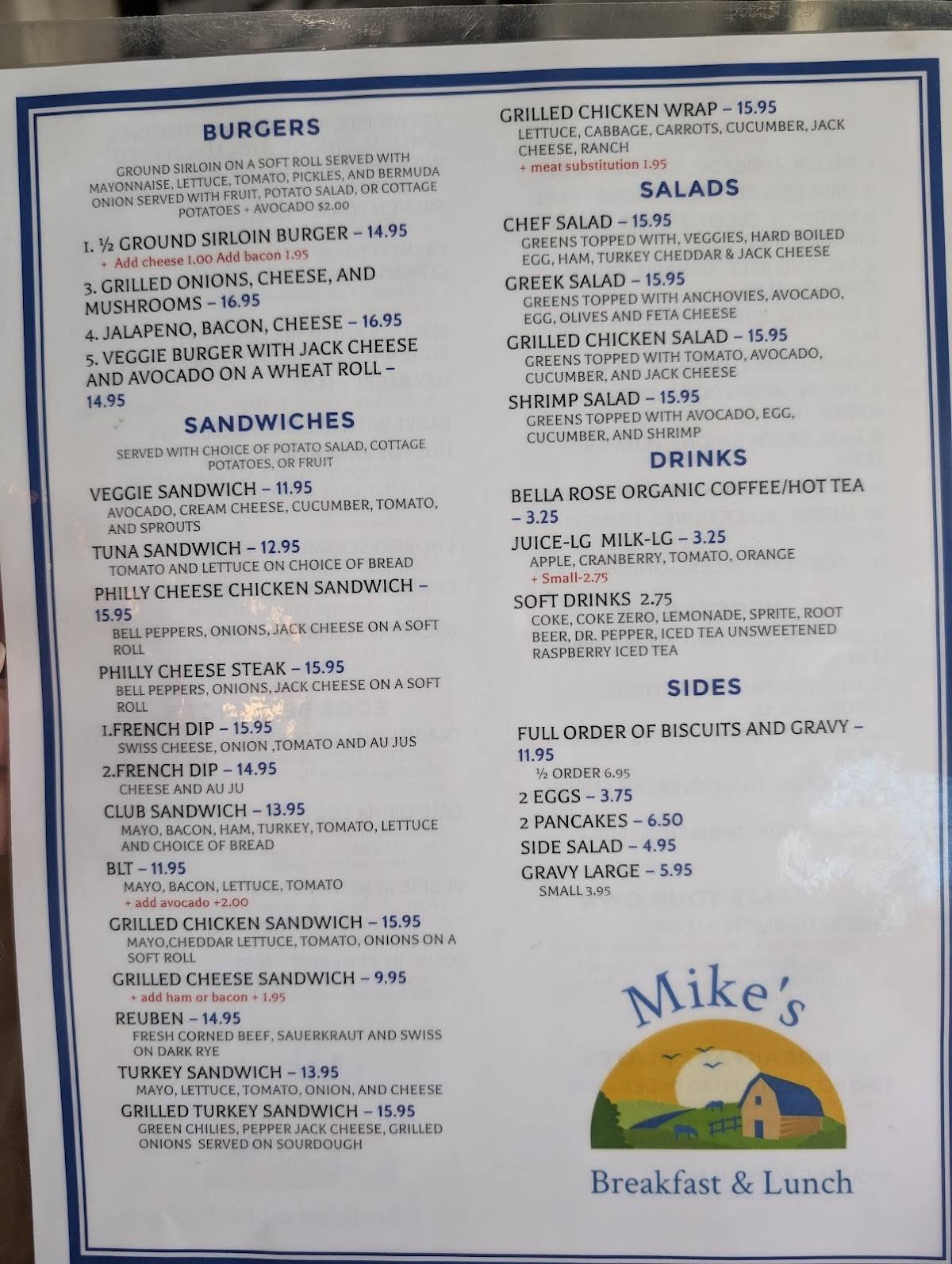 Menu at Mike's Breakfast and lunch cafe, Lakeport