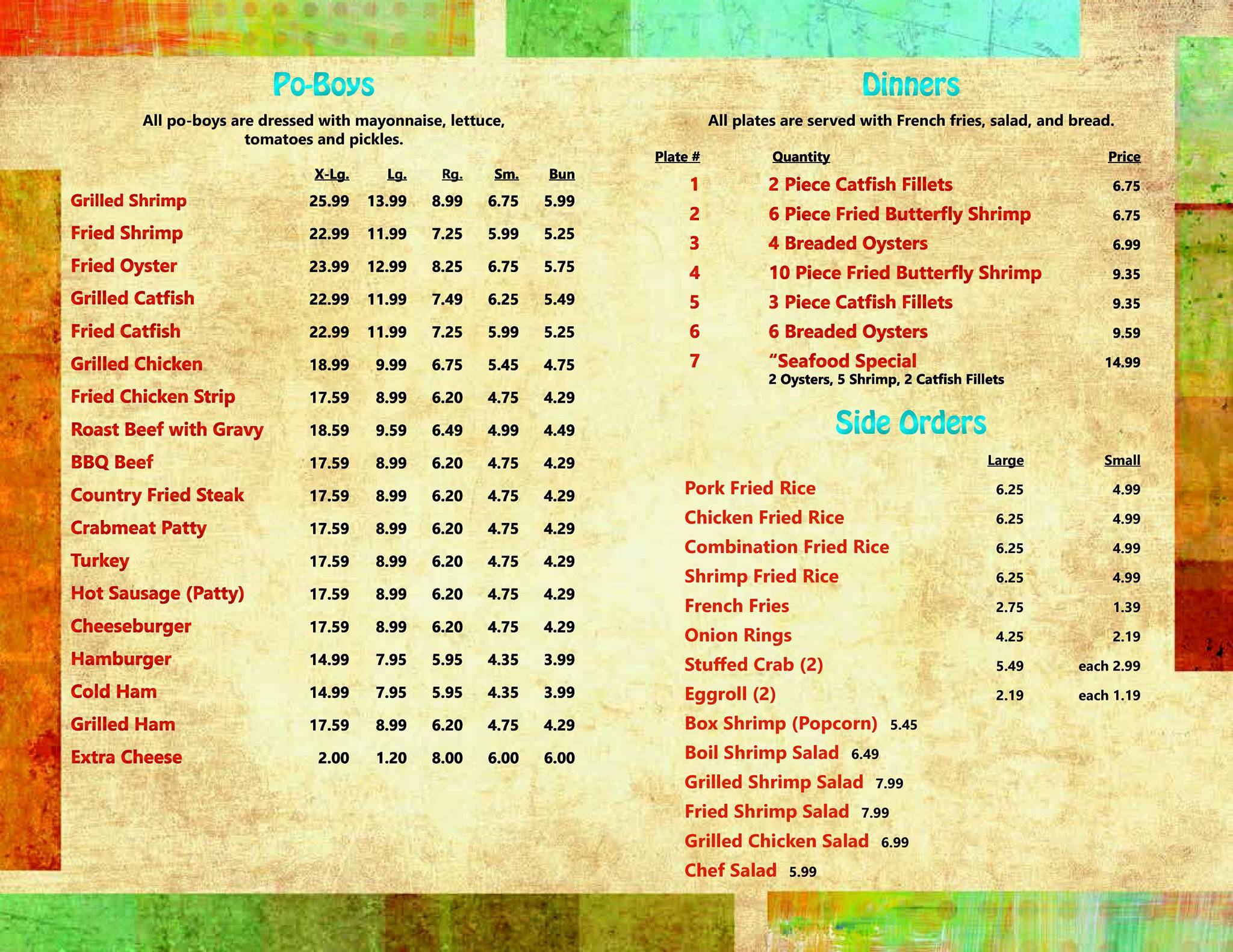 Menu at Mike's Po Boys restaurant, Gonzales, E Worthey St