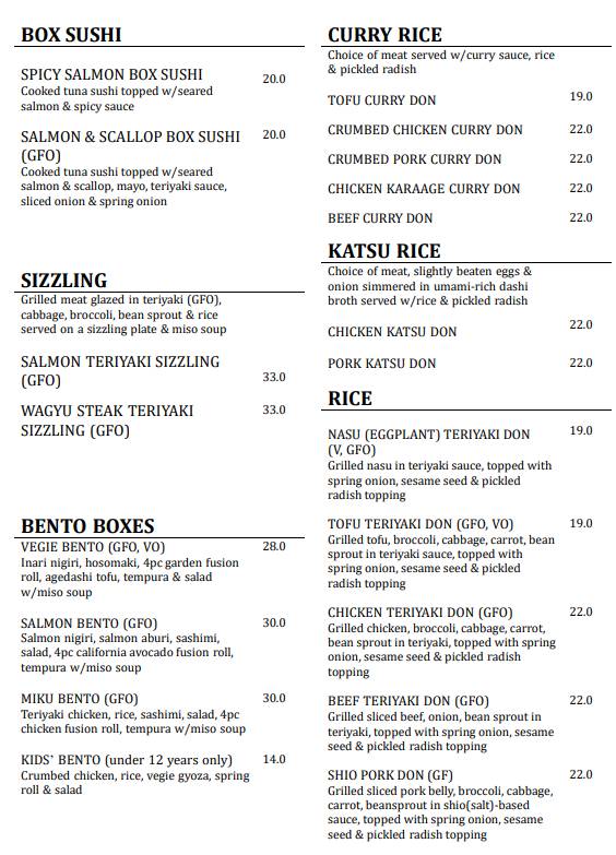 Menu at Miku Japanese Restaurant, Graceville