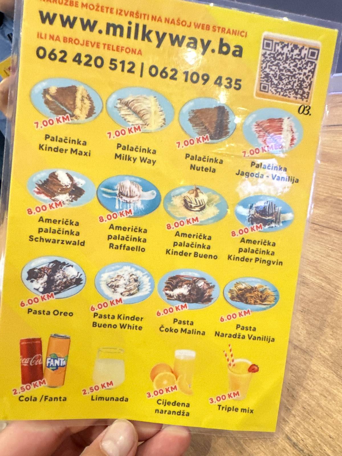 Menu at Milky Way restaurant, Bosanska Krupa