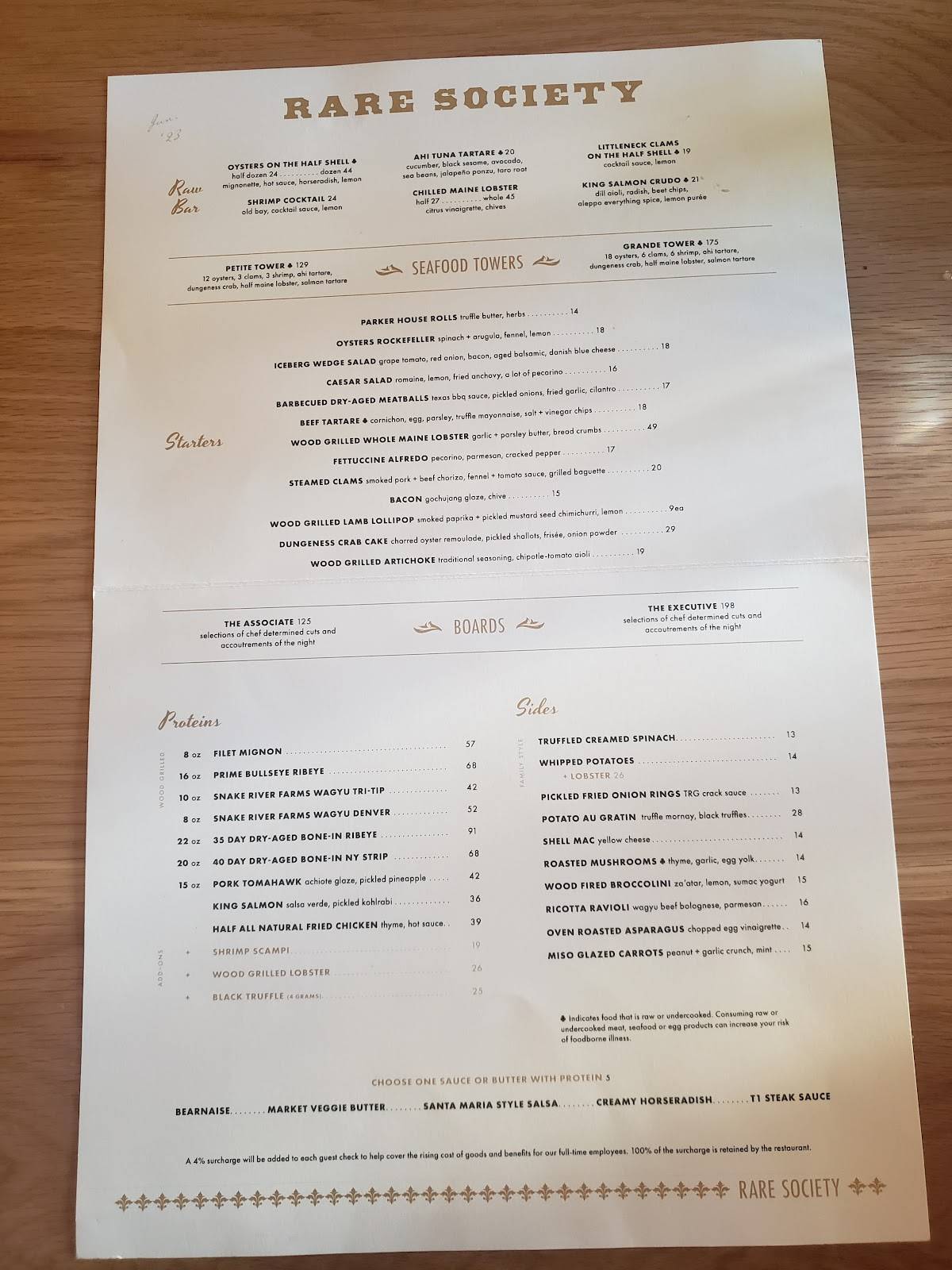 Menu at Rare Society steakhouse, Mill Creek