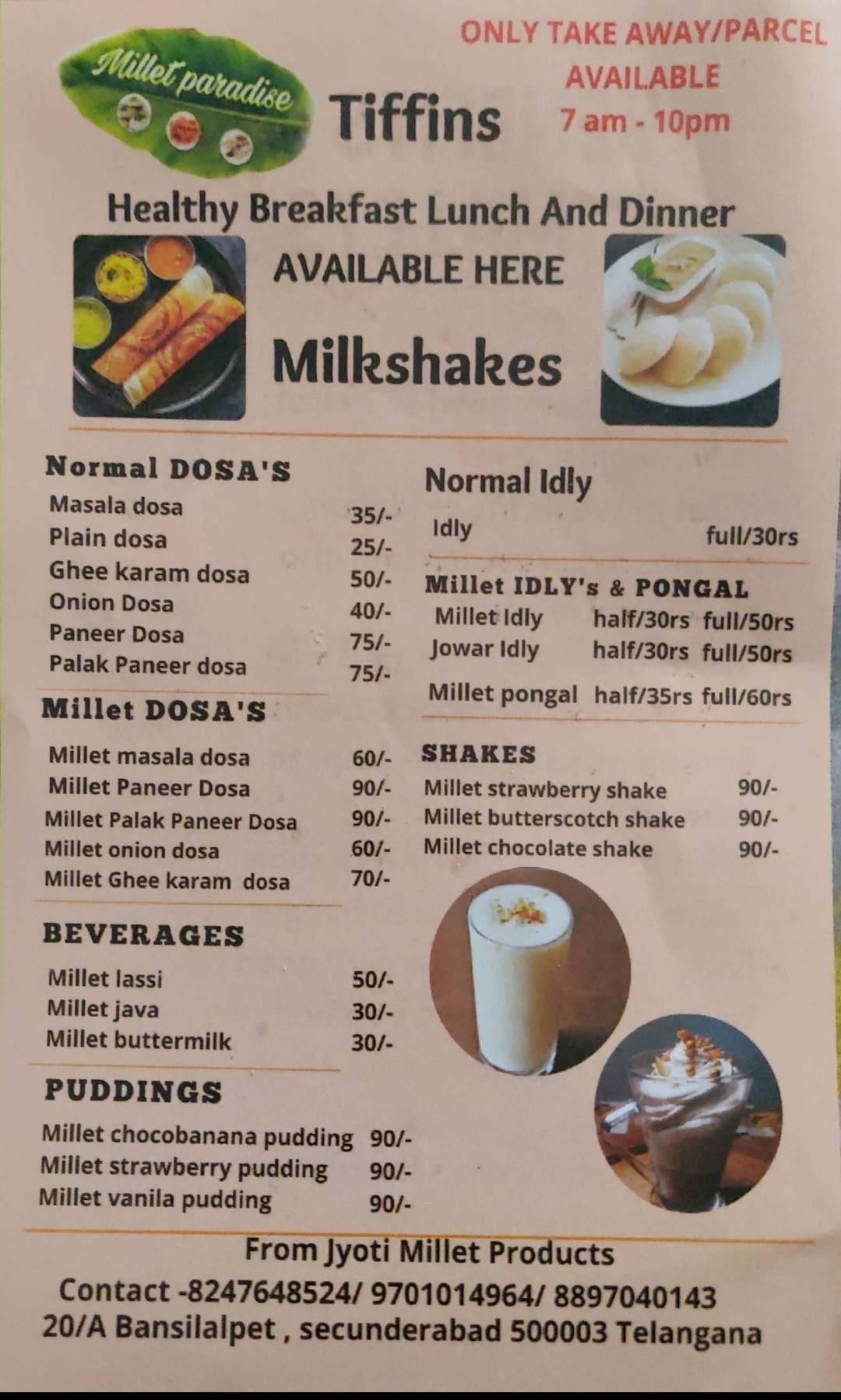 Menu at Millet paradise, Hyderabad
