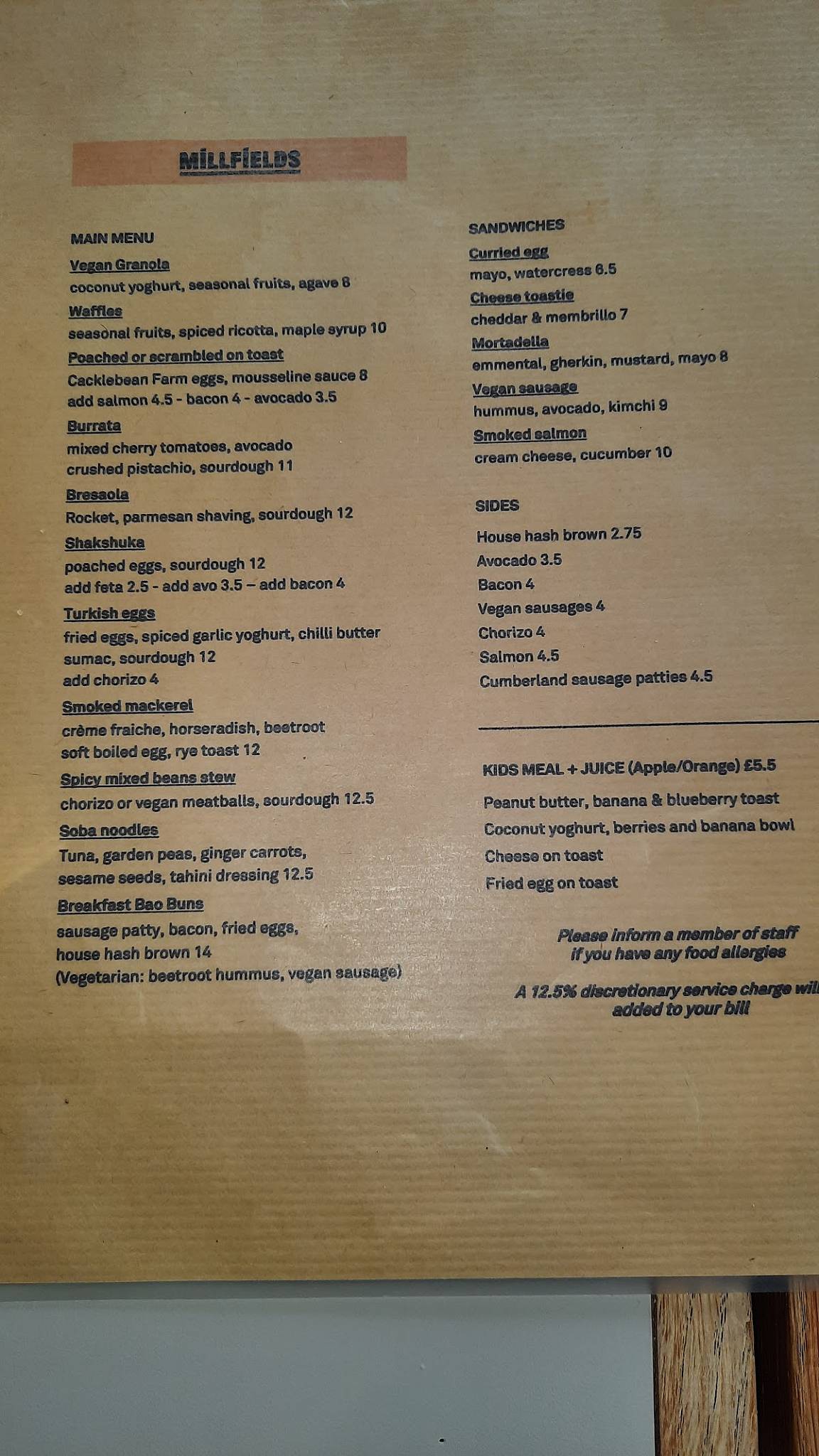 Menu at Millfields Coffee restaurant, London