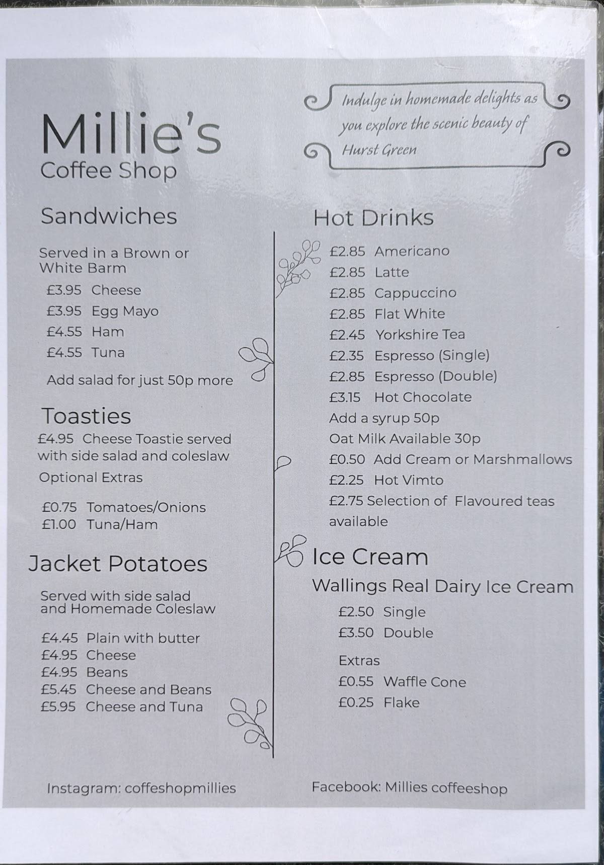 Menu at Millie’s cafe, Hurst Green, 2A Whalley Rd