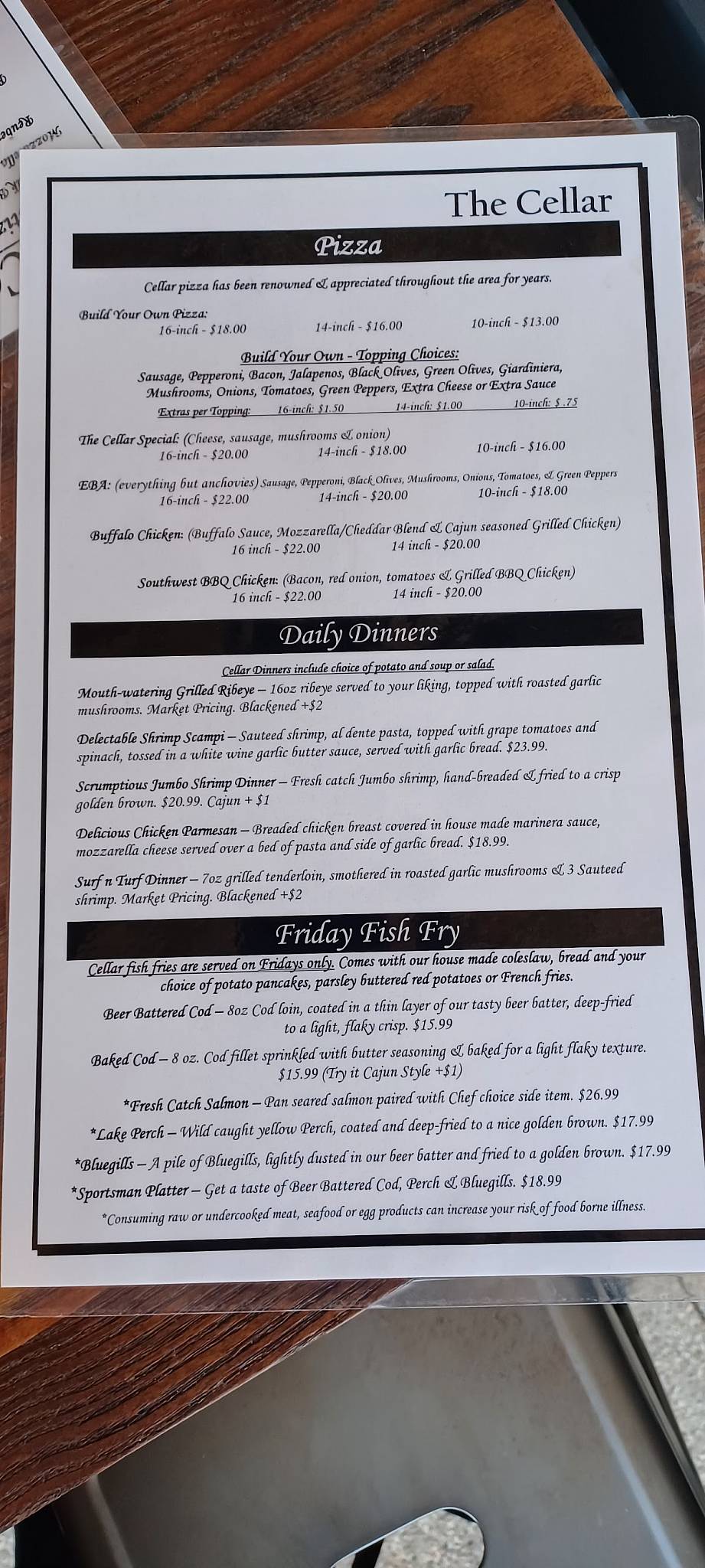 Menu at The Cellar Pub & Grill, Oak Creek