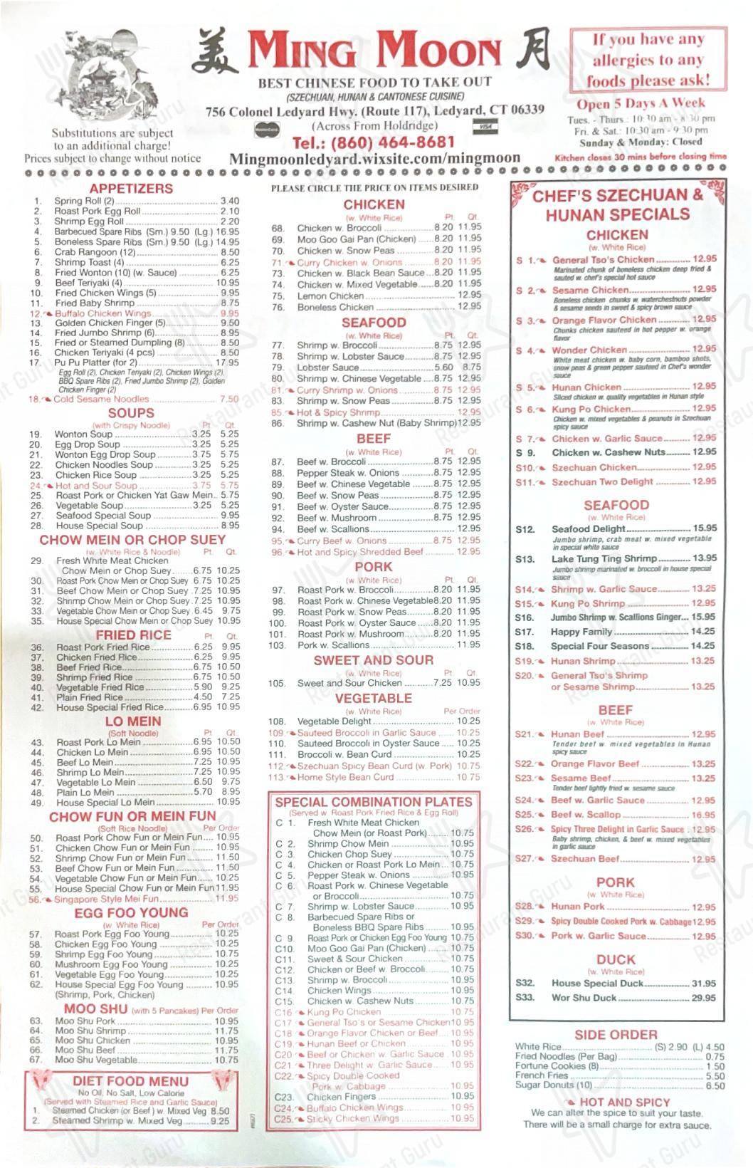Menu at Ming Moon Chinese Restaurant, Ledyard