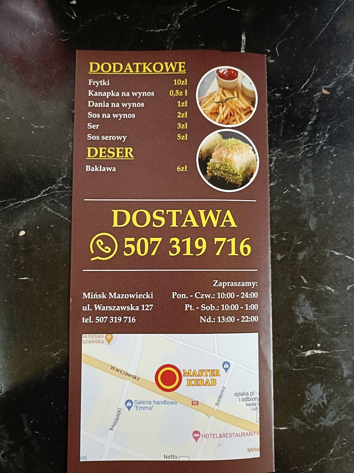 Menu at Master kebab restaurant, Minsk Mazowiecki