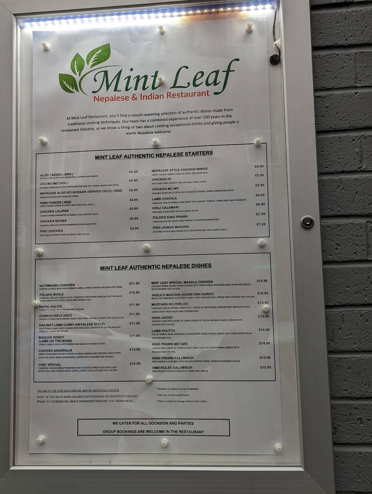 Menu at Mint leaf Nepalese and indian restaurant, Stirling