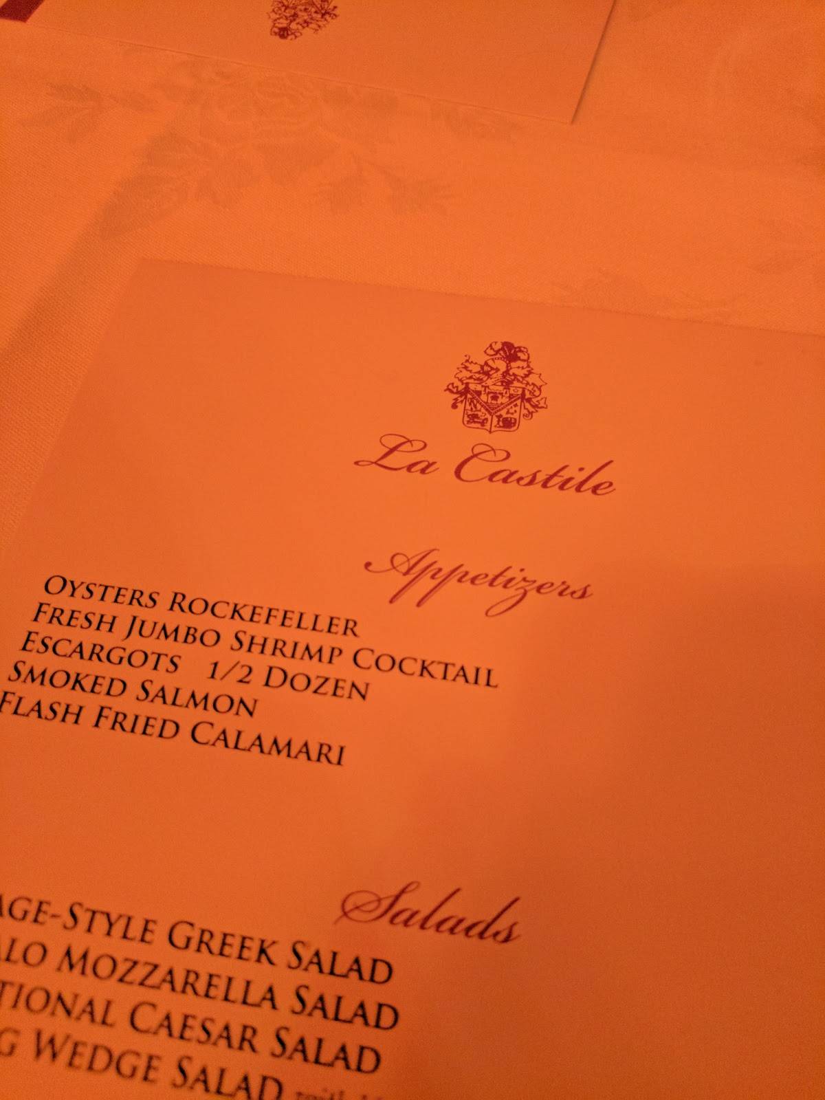 Menu at La Castile steakhouse, Mississauga