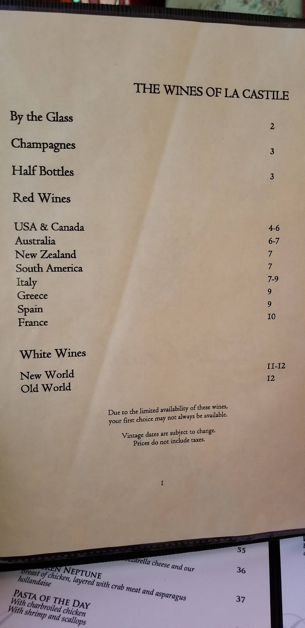 Menu at La Castile steakhouse, Mississauga