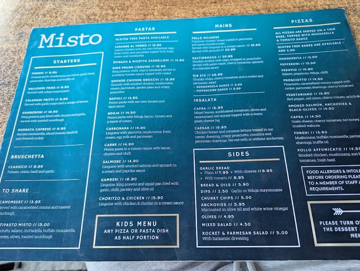 Menu at Misto restaurant, Ambleside