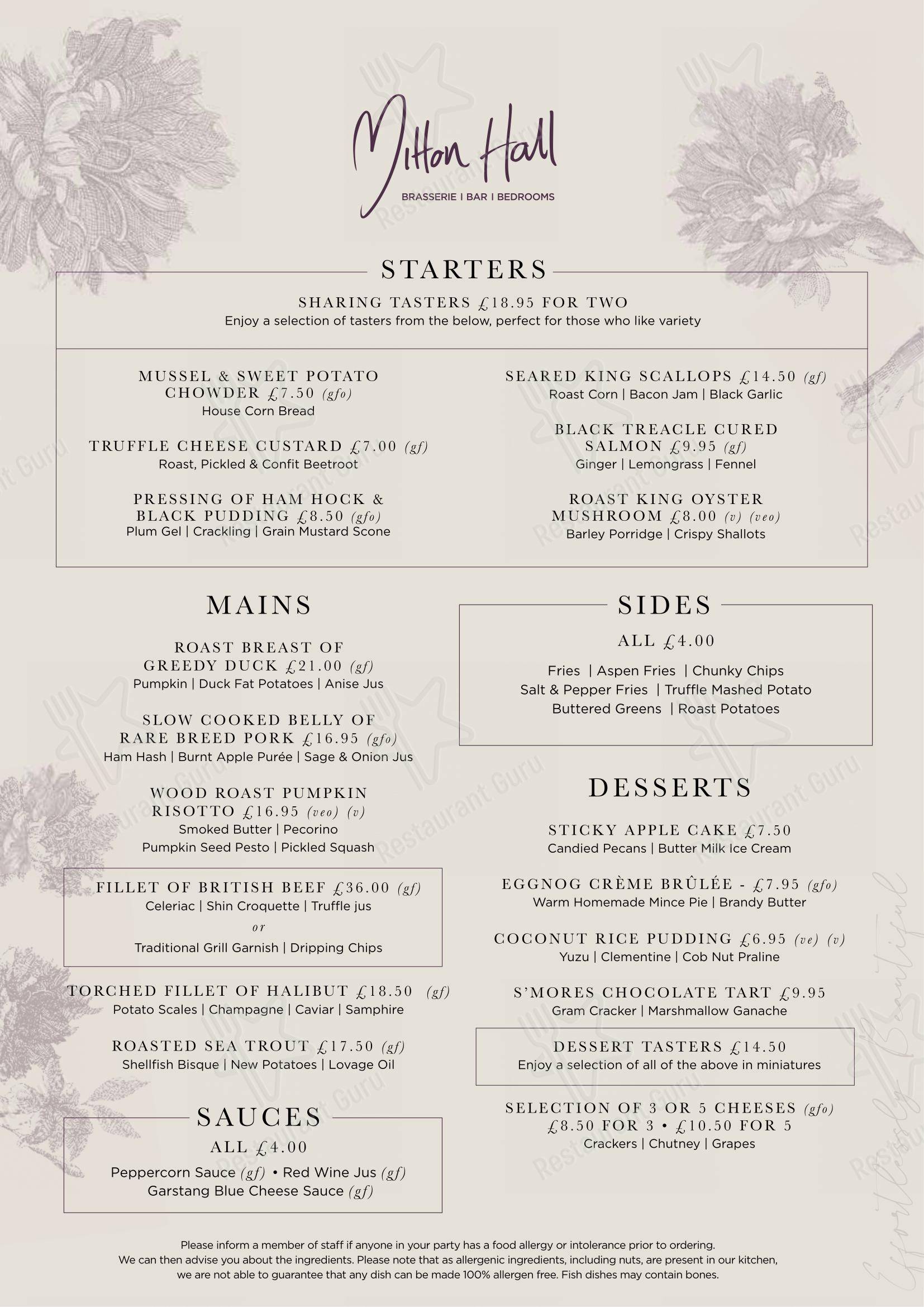 Menu at Mitton Hall Hotel pub & bar, Clitheroe