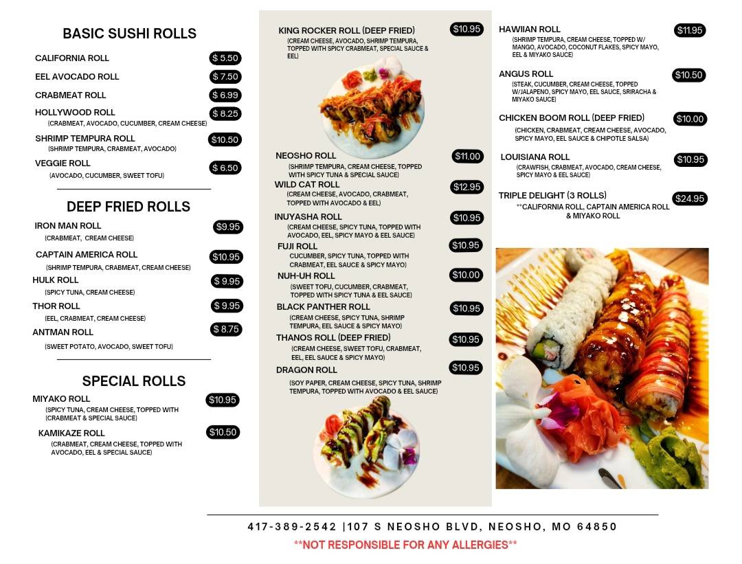 Menu at Miyako Hibachi & Sushi Express restaurant, Neosho