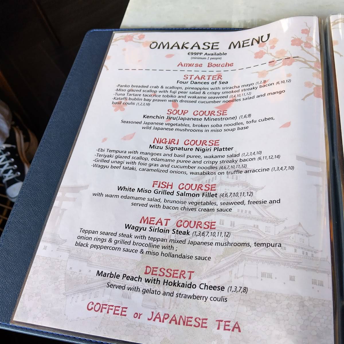 Menu at Mizu Modern Japanese Cuisine restaurant, Killarney