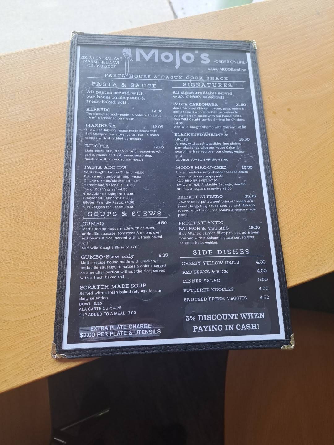 Menu at MoJo's Pasta House & Cajun Cook Shack restaurant, Marshfield