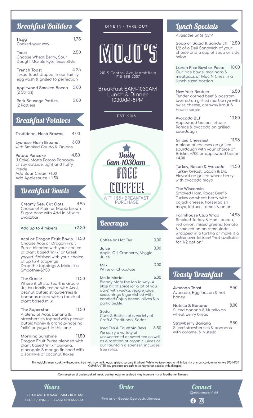 Menu at MoJo's Pasta House & Cajun Cook Shack restaurant, Marshfield