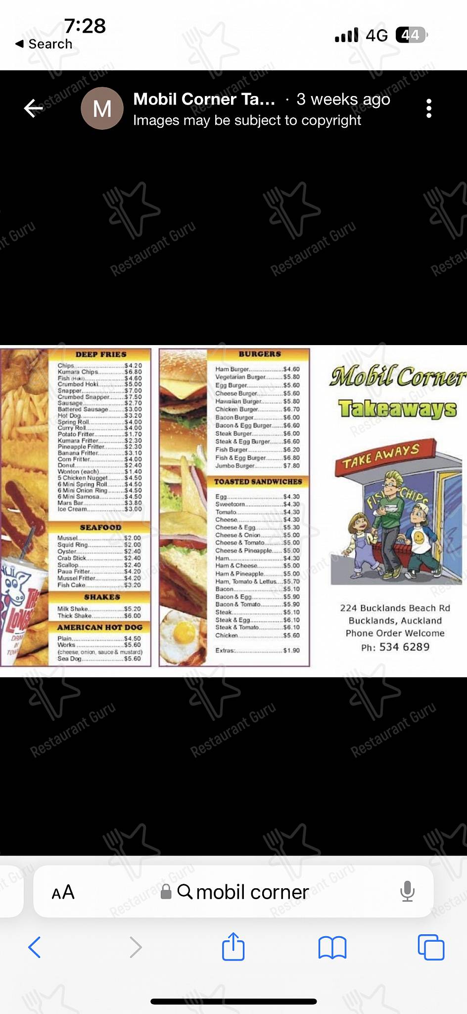 Menu at Mobil Corner Takeaway fast food, Auckland