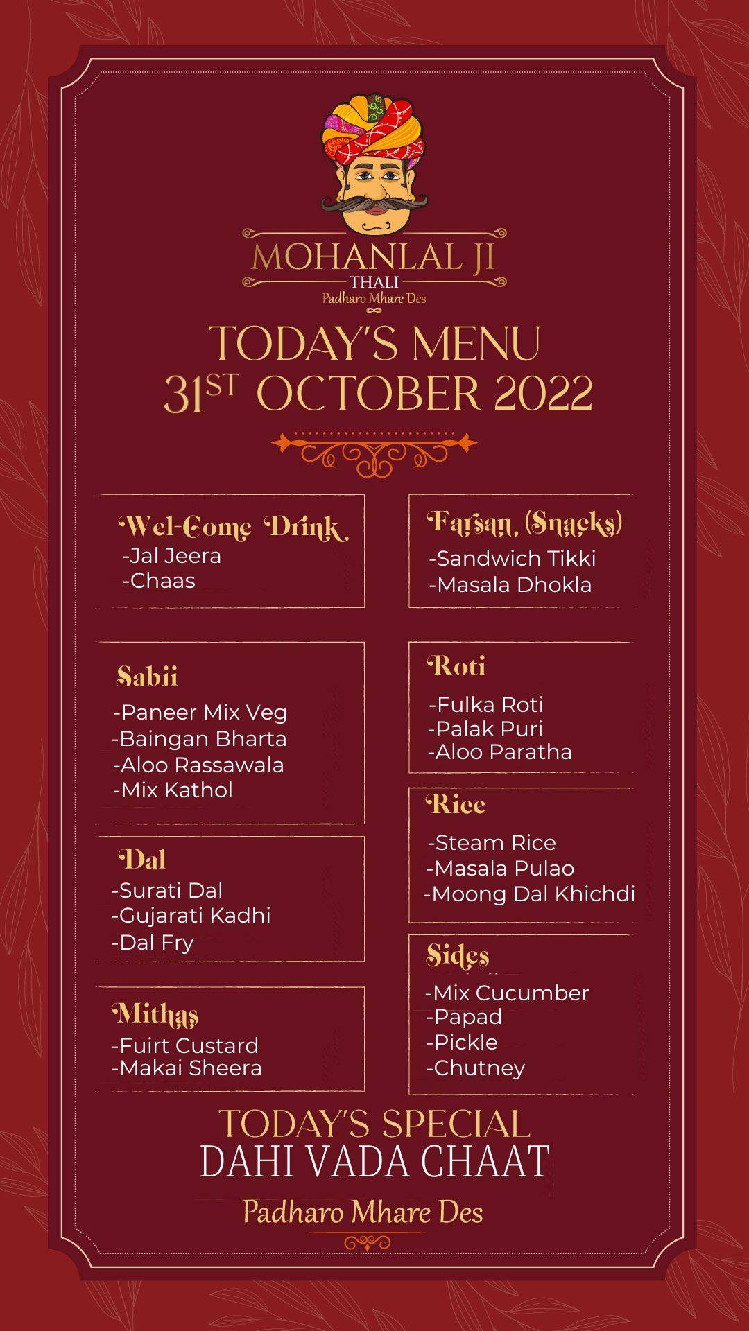 Menu at Mohanlal Ji Premium Veg Thali & Banquet, Nashik