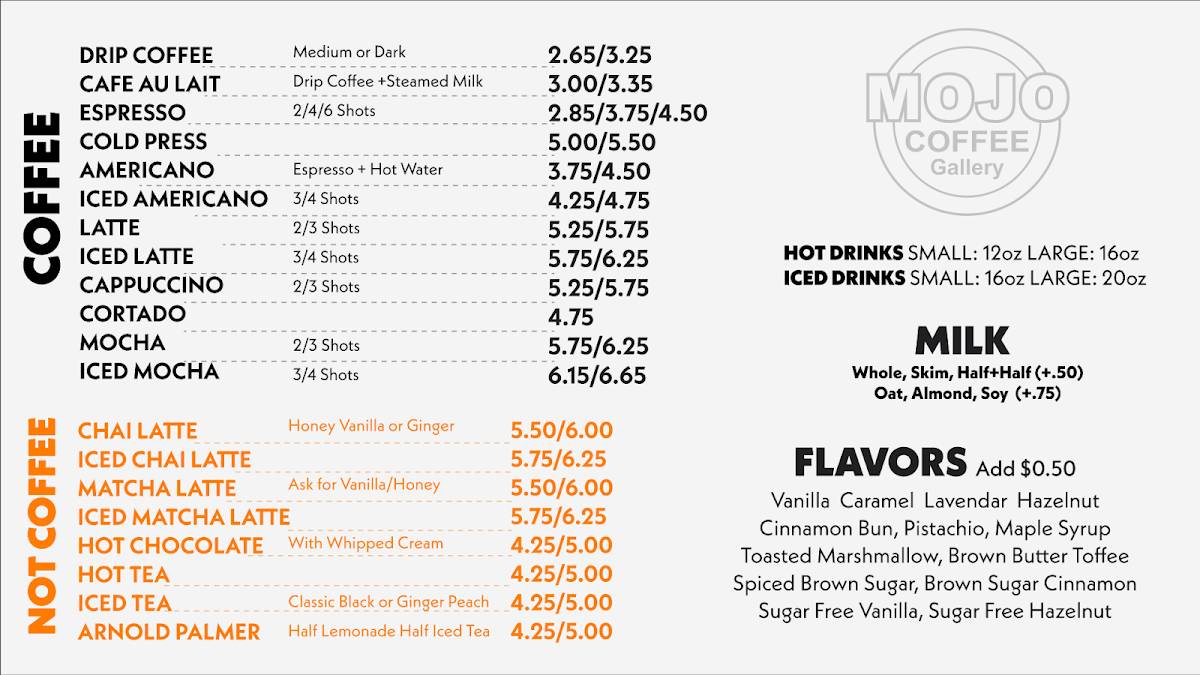 Carta del café Mojo Coffee Gallery, Minneapolis