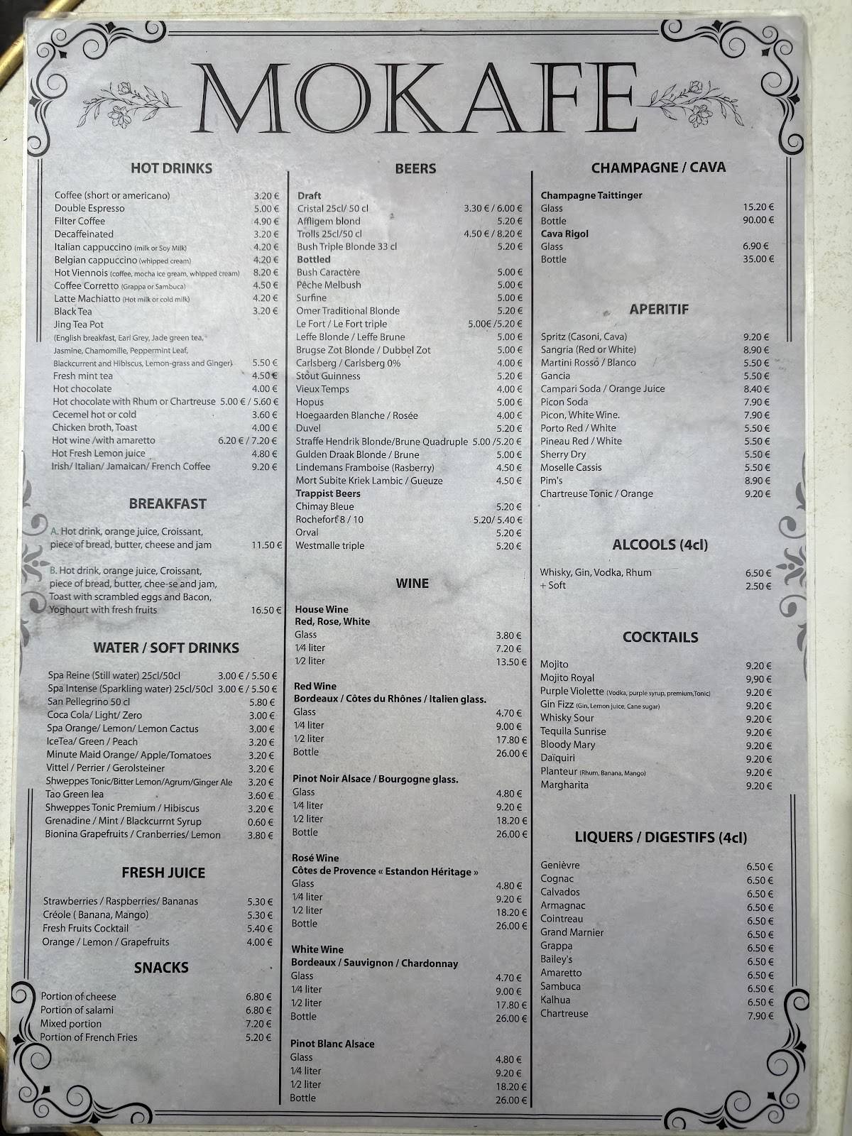 Menu au Mokafé Taverne restaurant, Bruxelles, Galerie du Roi 9