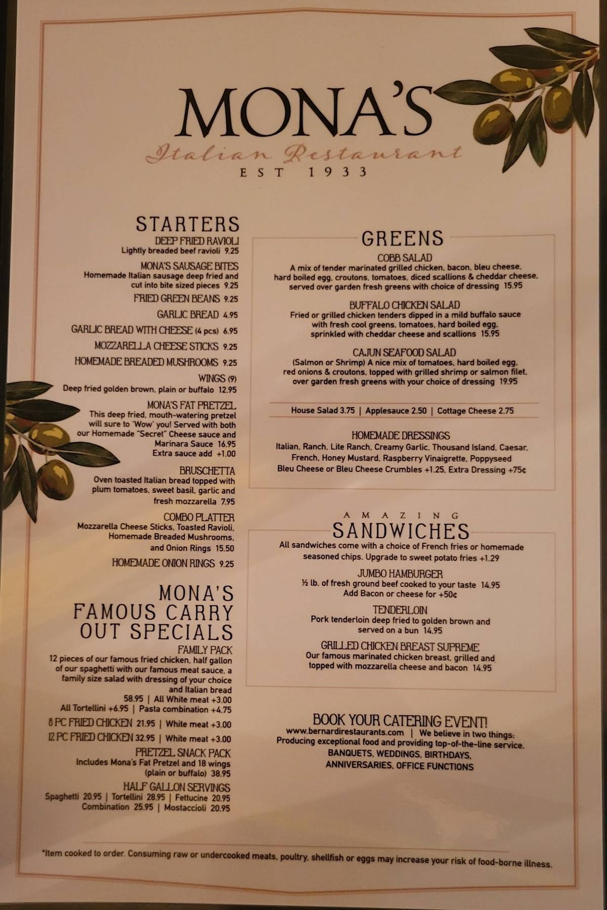 Menu at Mona's Italian Foods restaurant, Toluca