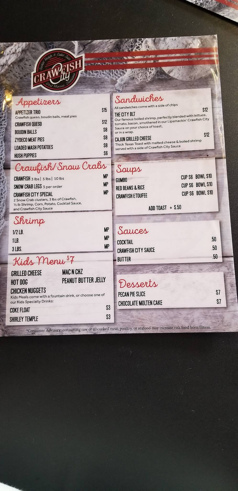 Menu at Crawfish City restaurant, West Monroe