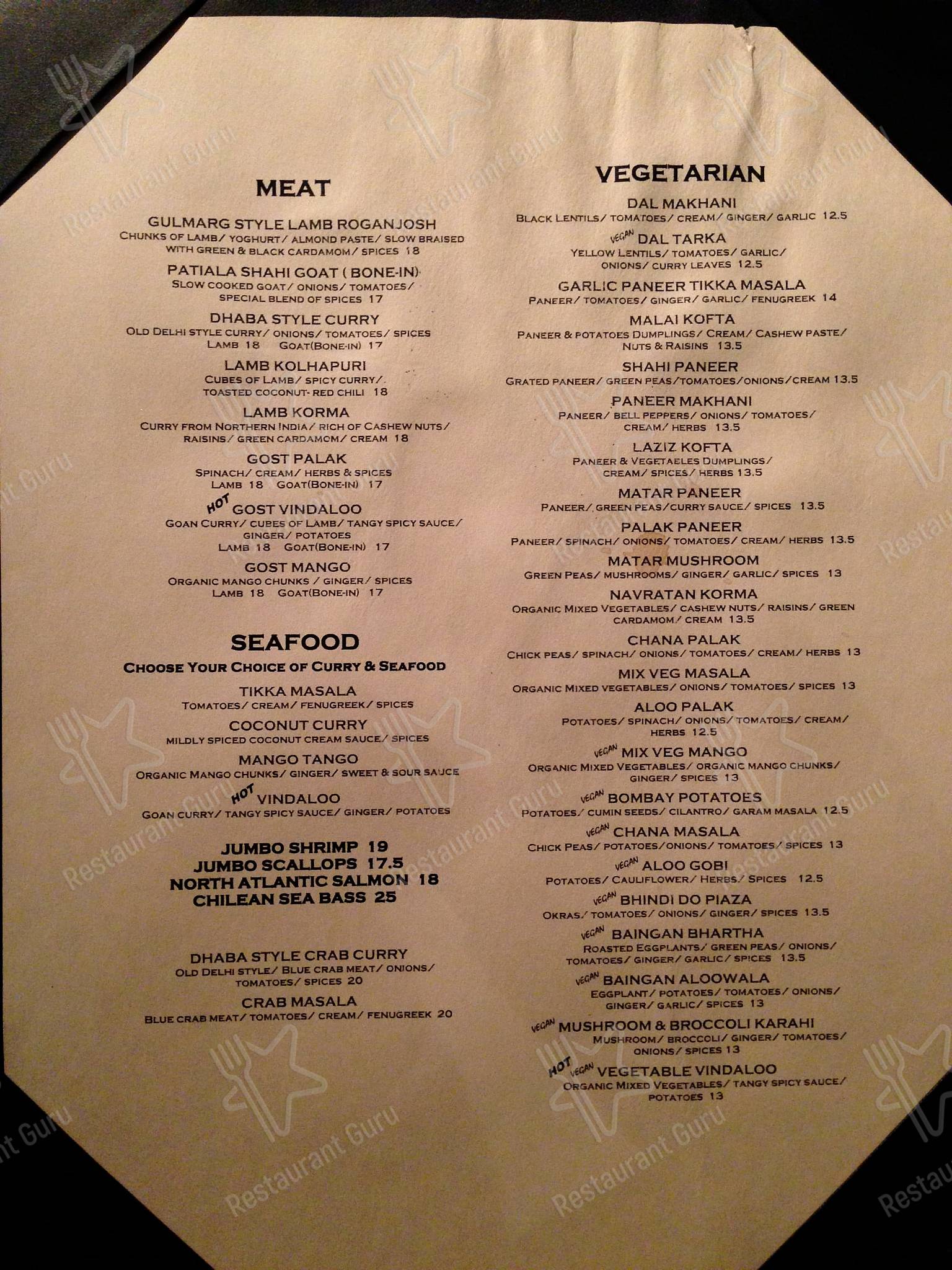 Menu at Monsoon restaurant, Hampton