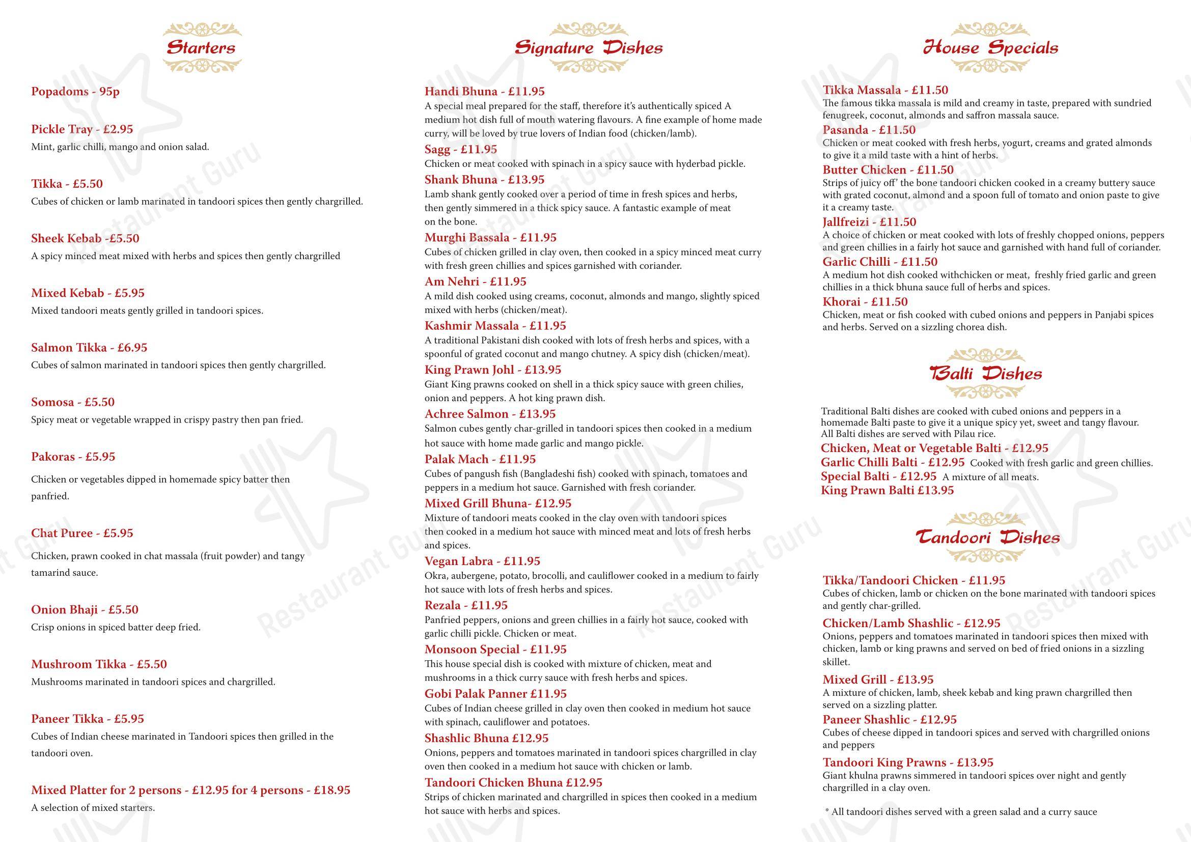 Menu at Monsoon Indian Cuisine restaurant, Filey