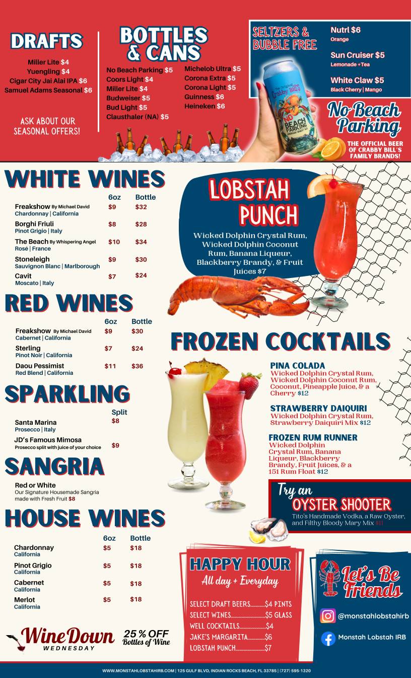 Menu at Monstah Lobstah IRB restaurant, Indian Rocks Beach