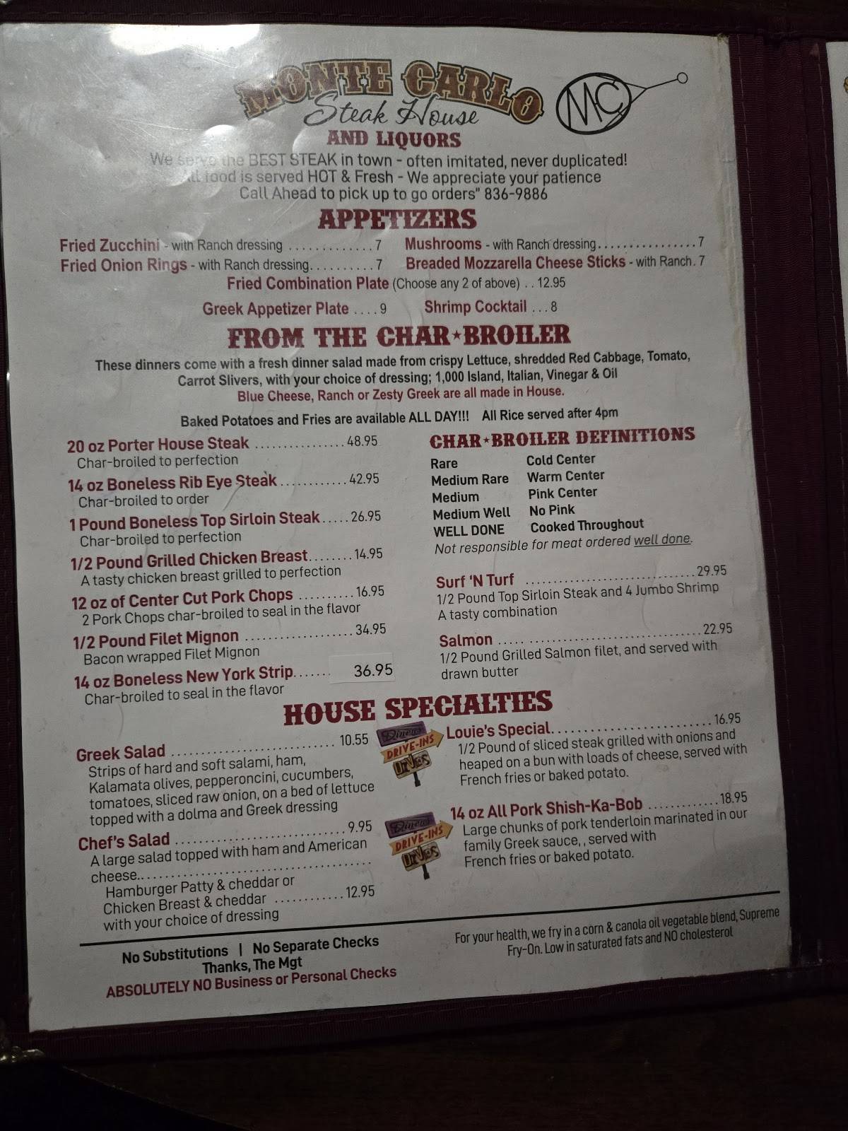 Menu at Monte Carlo Liquors & Steak House steakhouse, Albuquerque