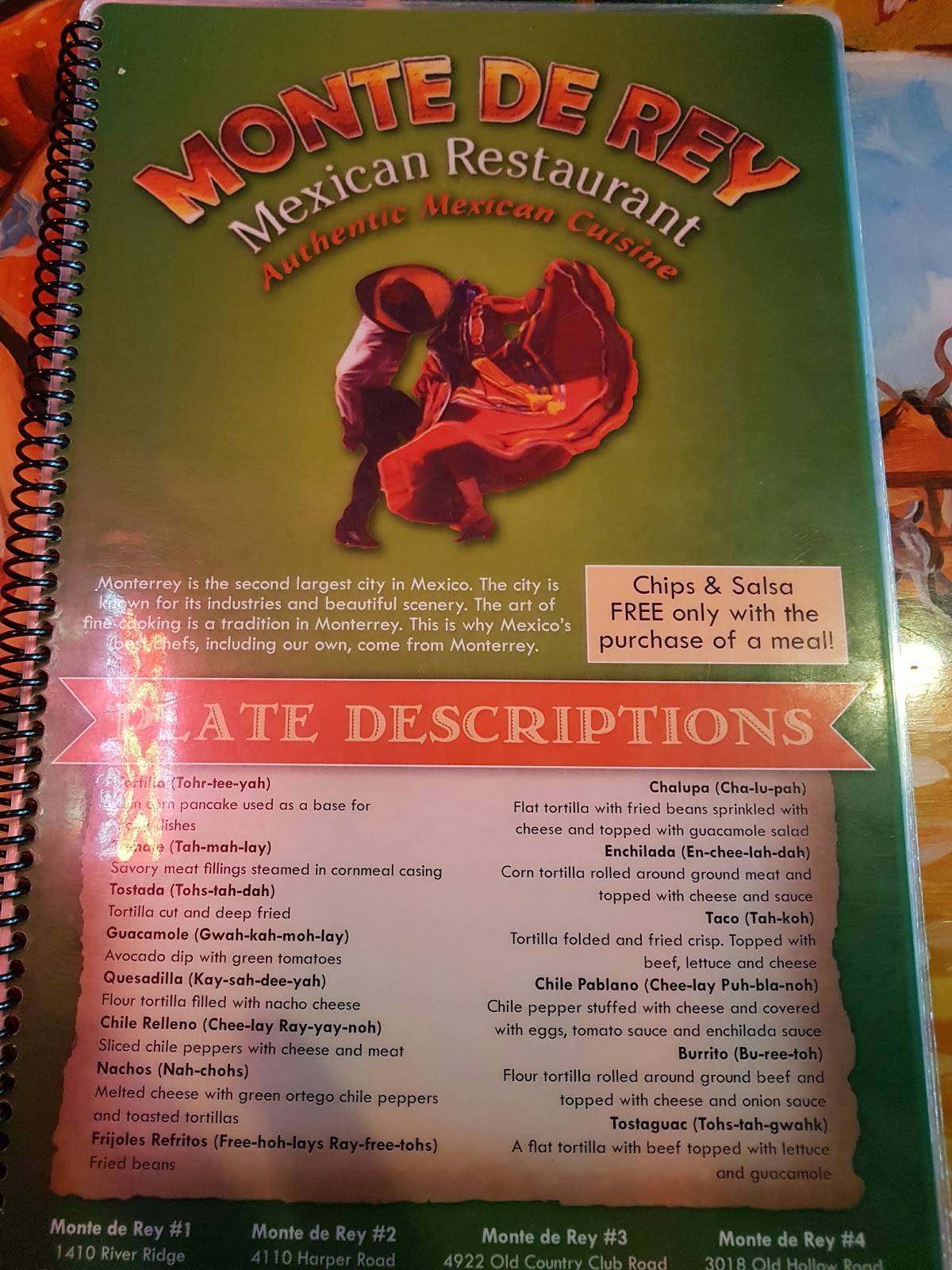 Menu at Monte De-Rey restaurant, Walkertown, Old Hollow Rd