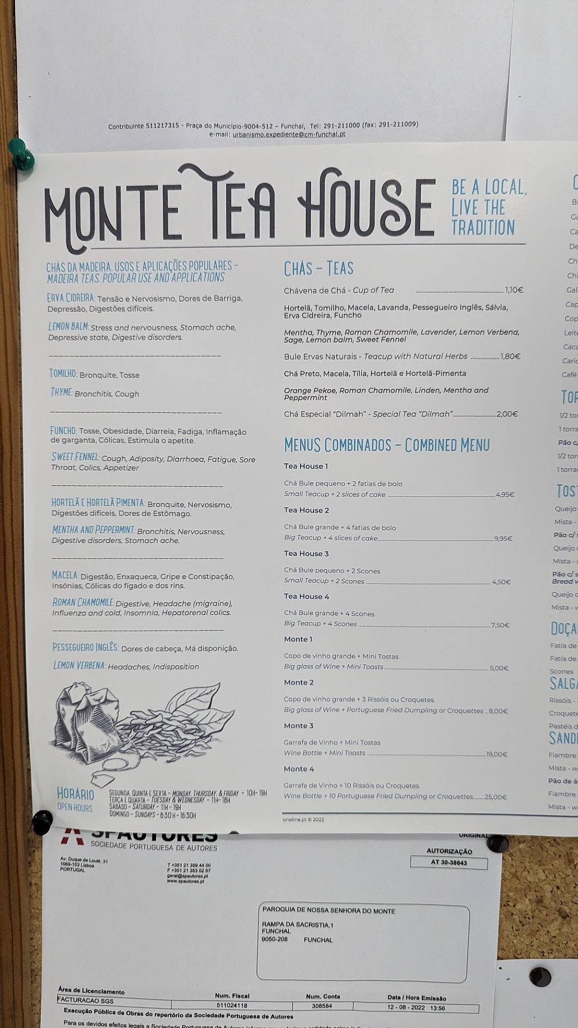 Menu at Monte Tea House cafe, Funchal