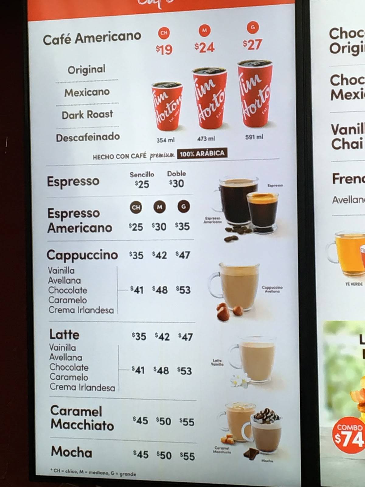 Carta del café Tim Hortons, Monterrey, Av. Eugenio Garza Sada 3933