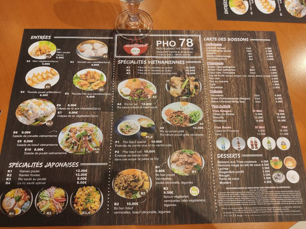 Menu au Pho78 restaurant, Montigny-le-Bretonneux