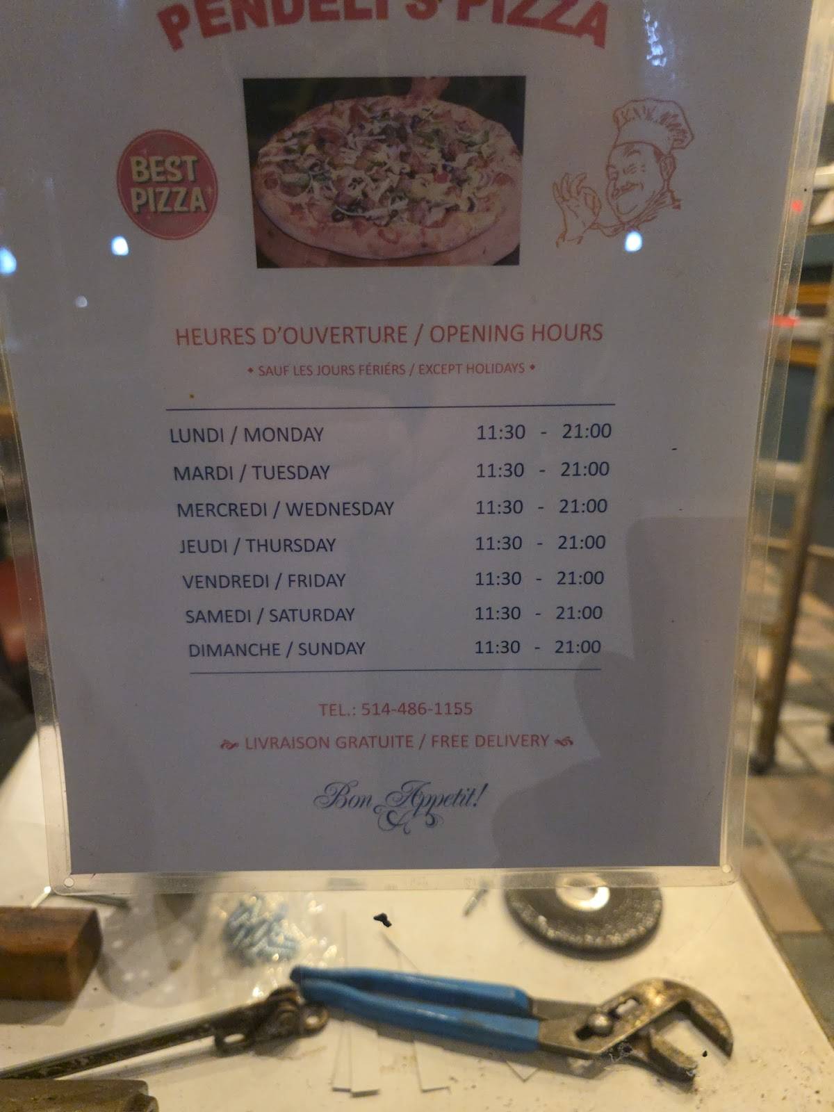Menu at Pendeli's Pizza pizzeria, Montréal, Côte Saint Luc Rd