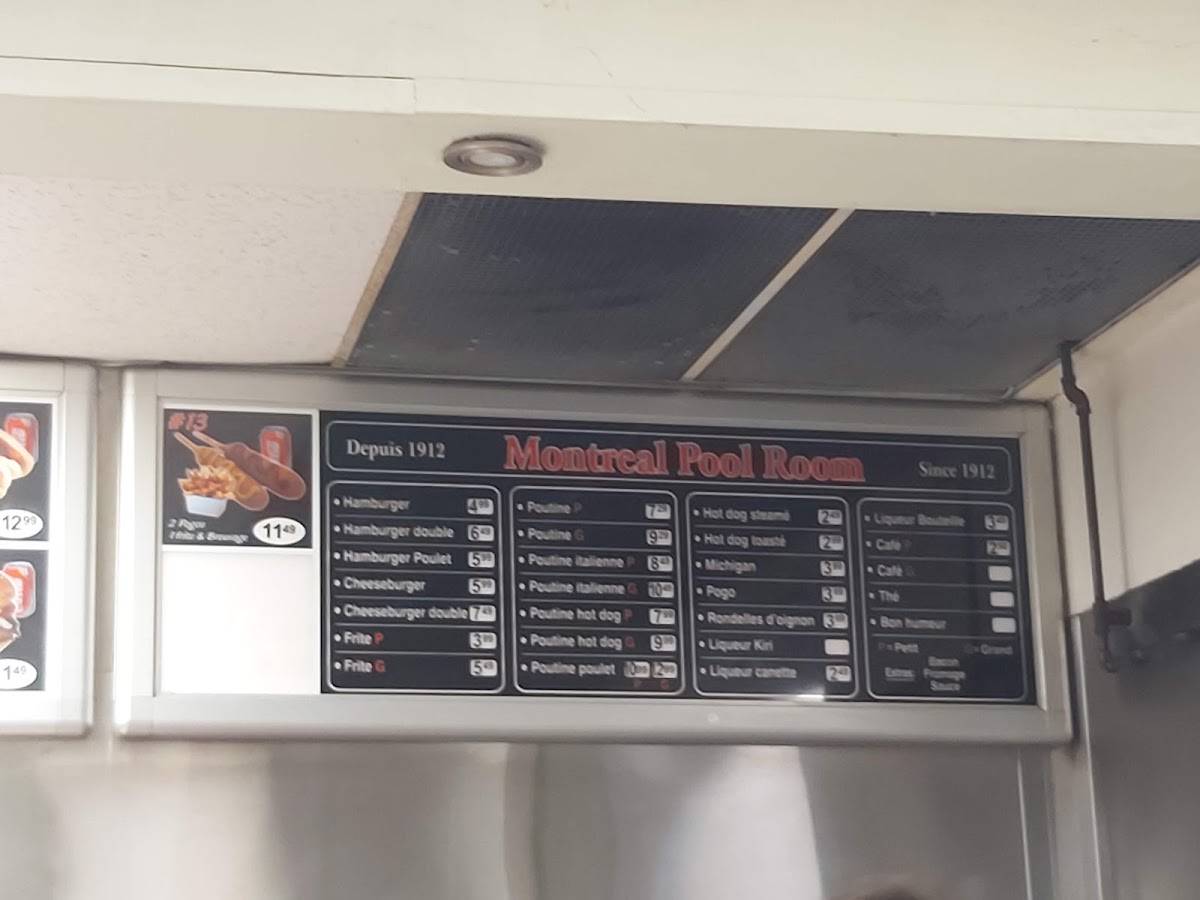 Menu au Montréal Pool Room restaurant, Montréal