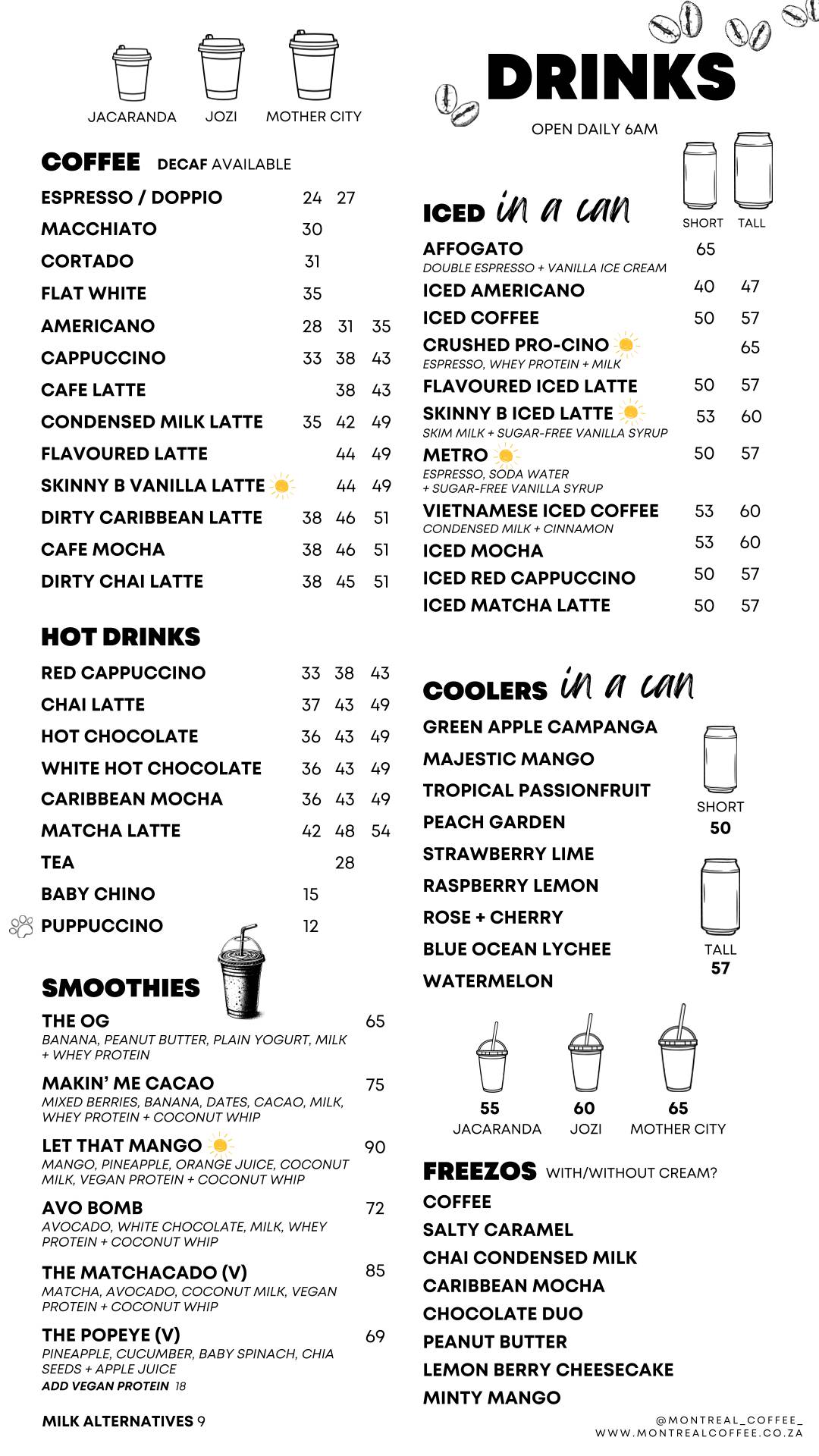 Menu at Montreal Sea Point cafe, Cape Town