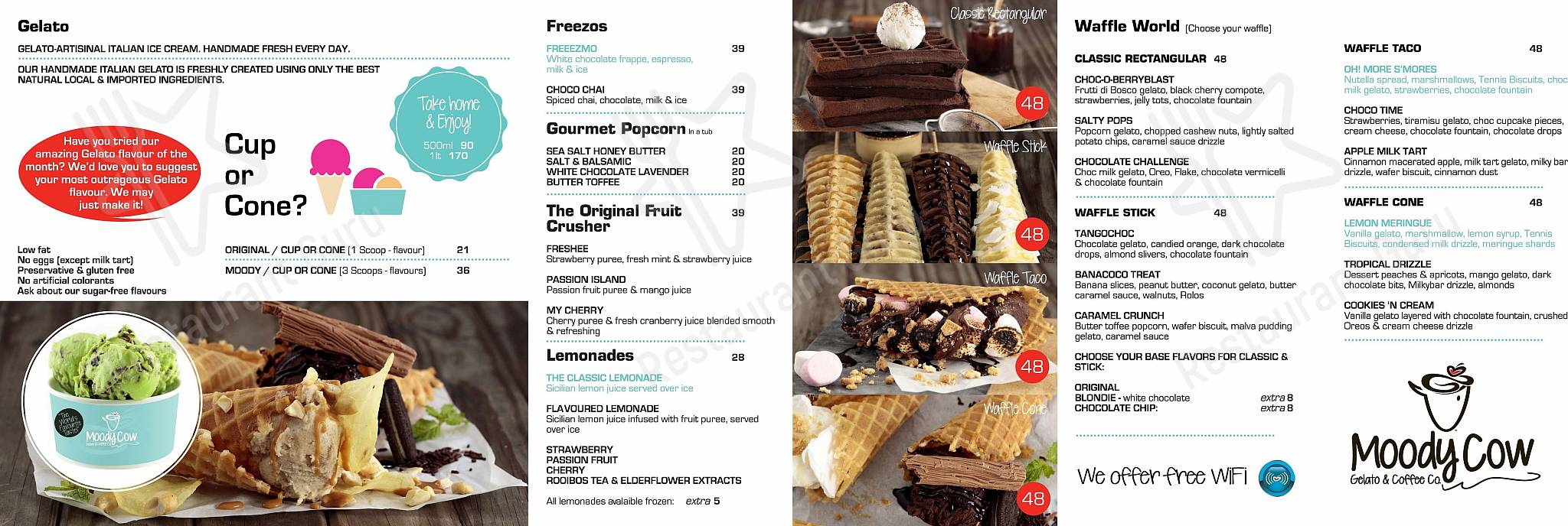 Menu at Moody Cow restaurant, Roodepoort