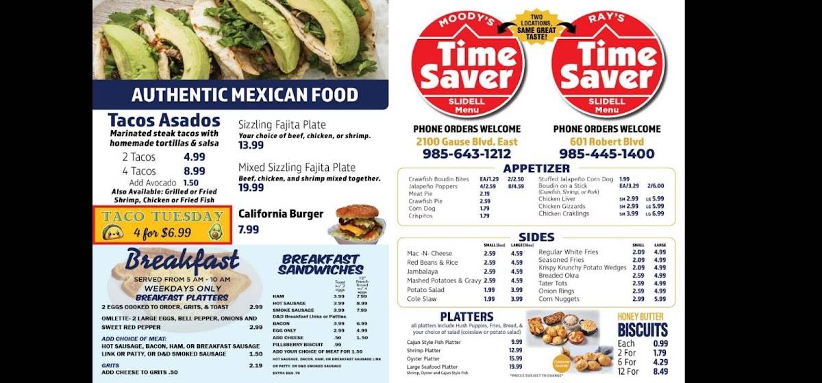 Menu at Moody's Time Saver restaurant, Slidell